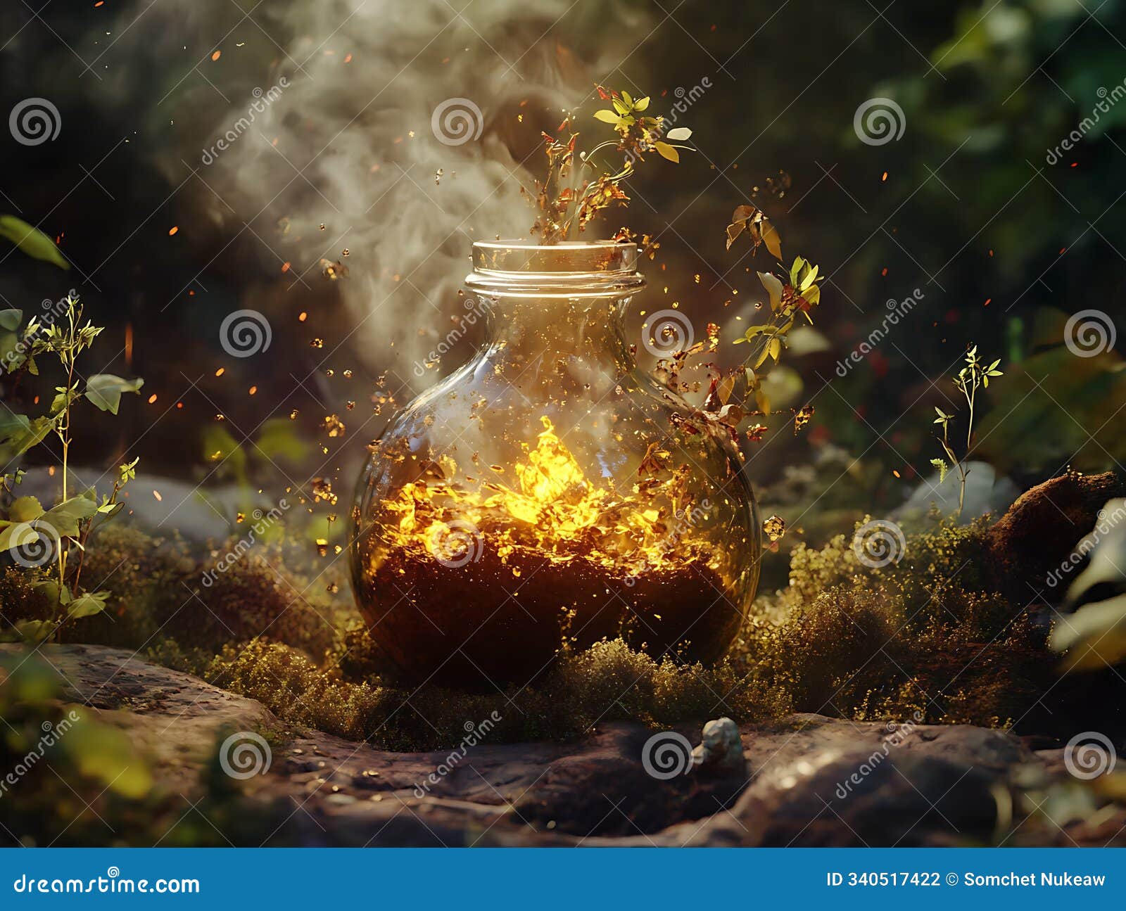 Glass Jar Filled with Fire and Smoke, Surrounded by Nature Stock ...