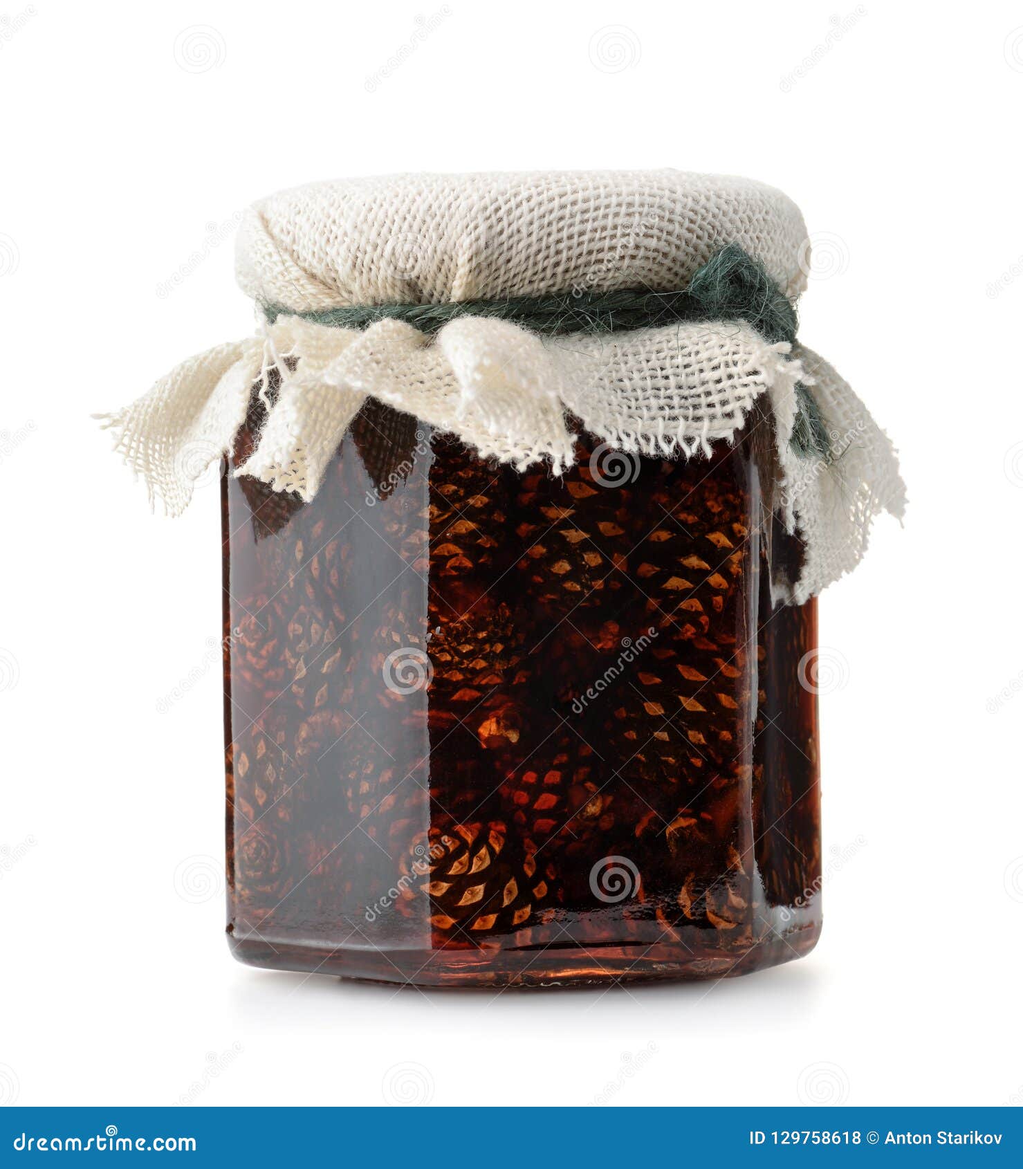Glass jar of pine cone jam stock photo. Image of front - 129758618