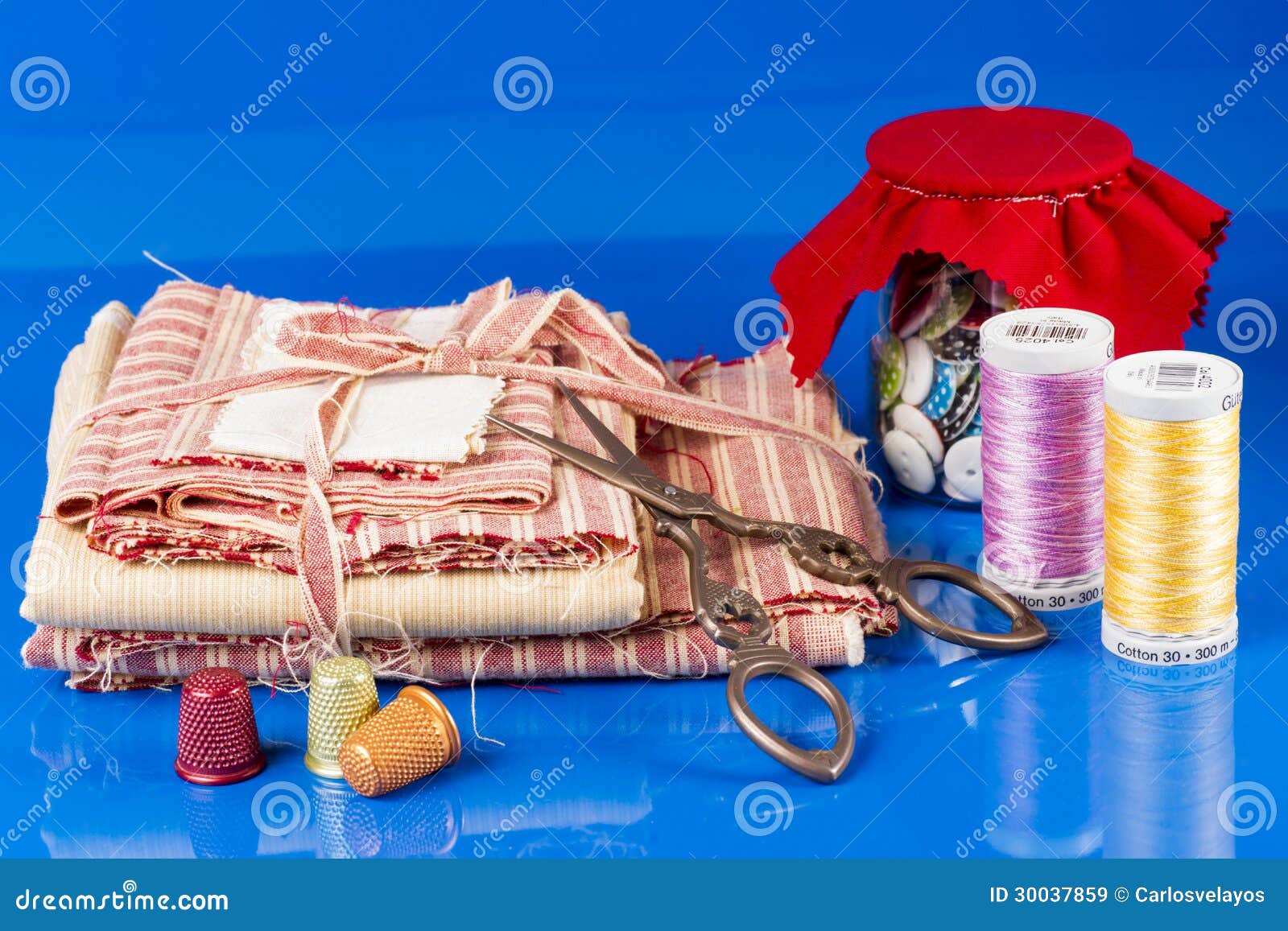 Glass Jar, Scissors, Thimbles and Spools Stock Image - Image of thimble ...