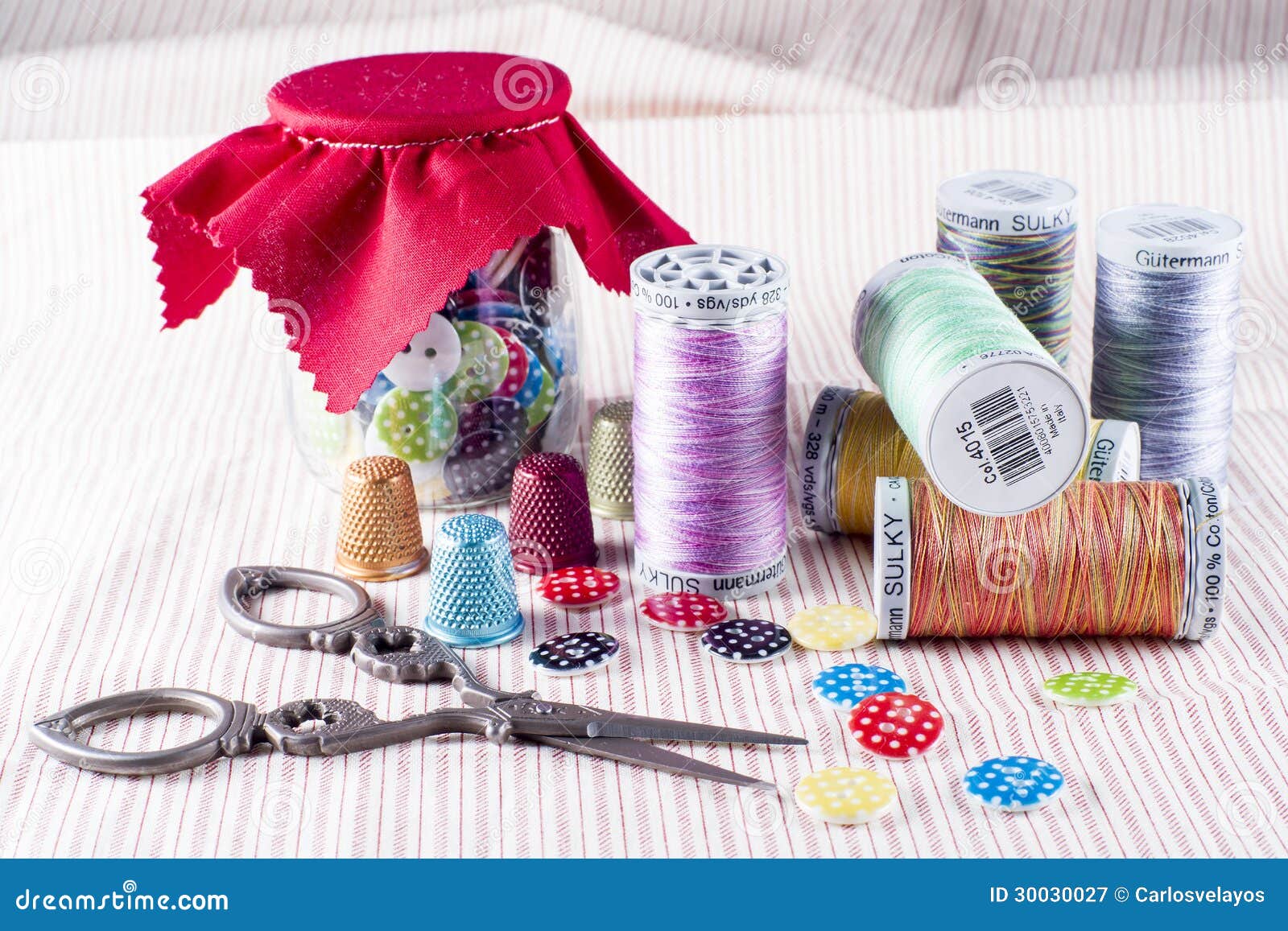 Glass Jar, Spools Buttons and Scissors Stock Image - Image of fabric ...