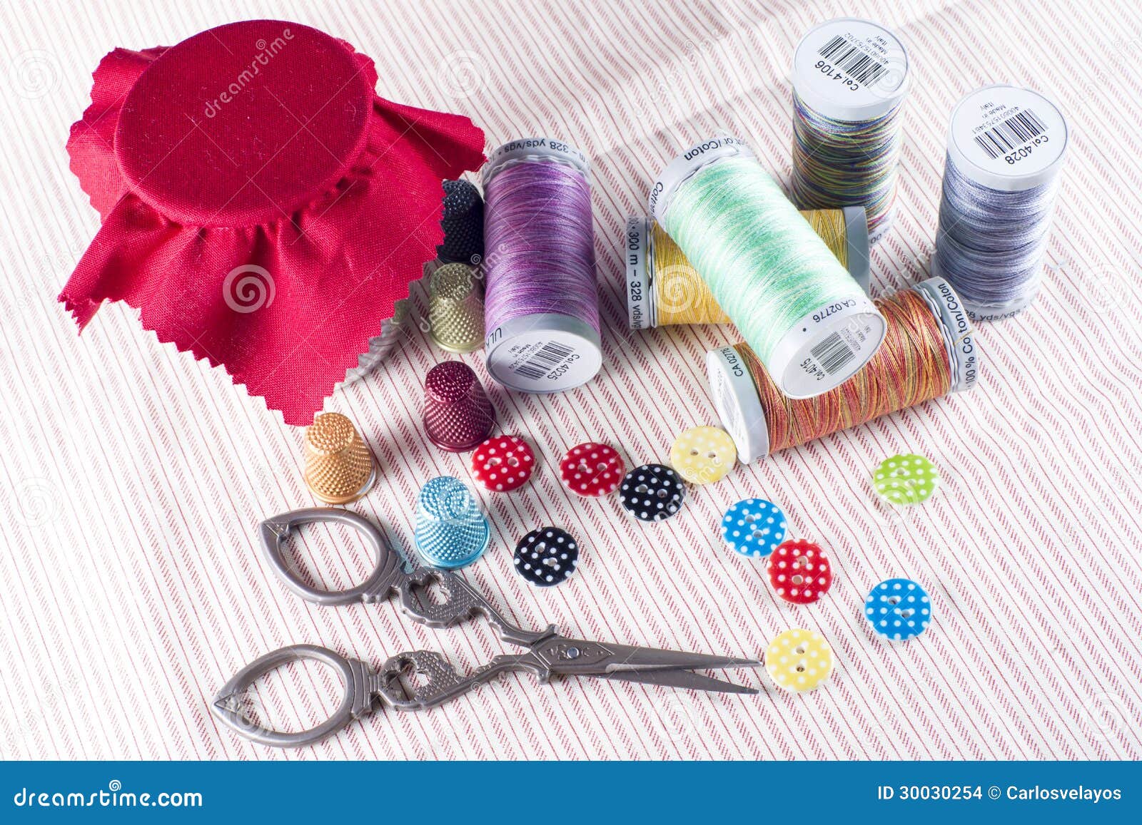 Glass Jar, Spools Buttons and Scissors Stock Photo - Image of ...