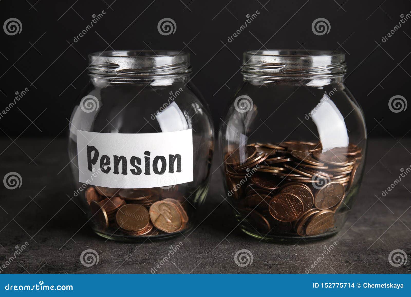 Glass Jars with Coins and Label PENSION on Dark Stock Photo - Image of ...