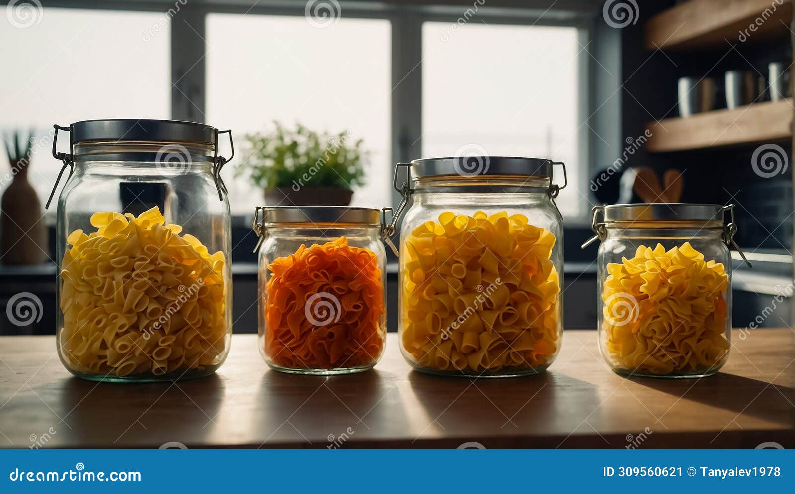 Glass Jars with Dry Assorted Pasta in the Kitchen Collection Stock ...
