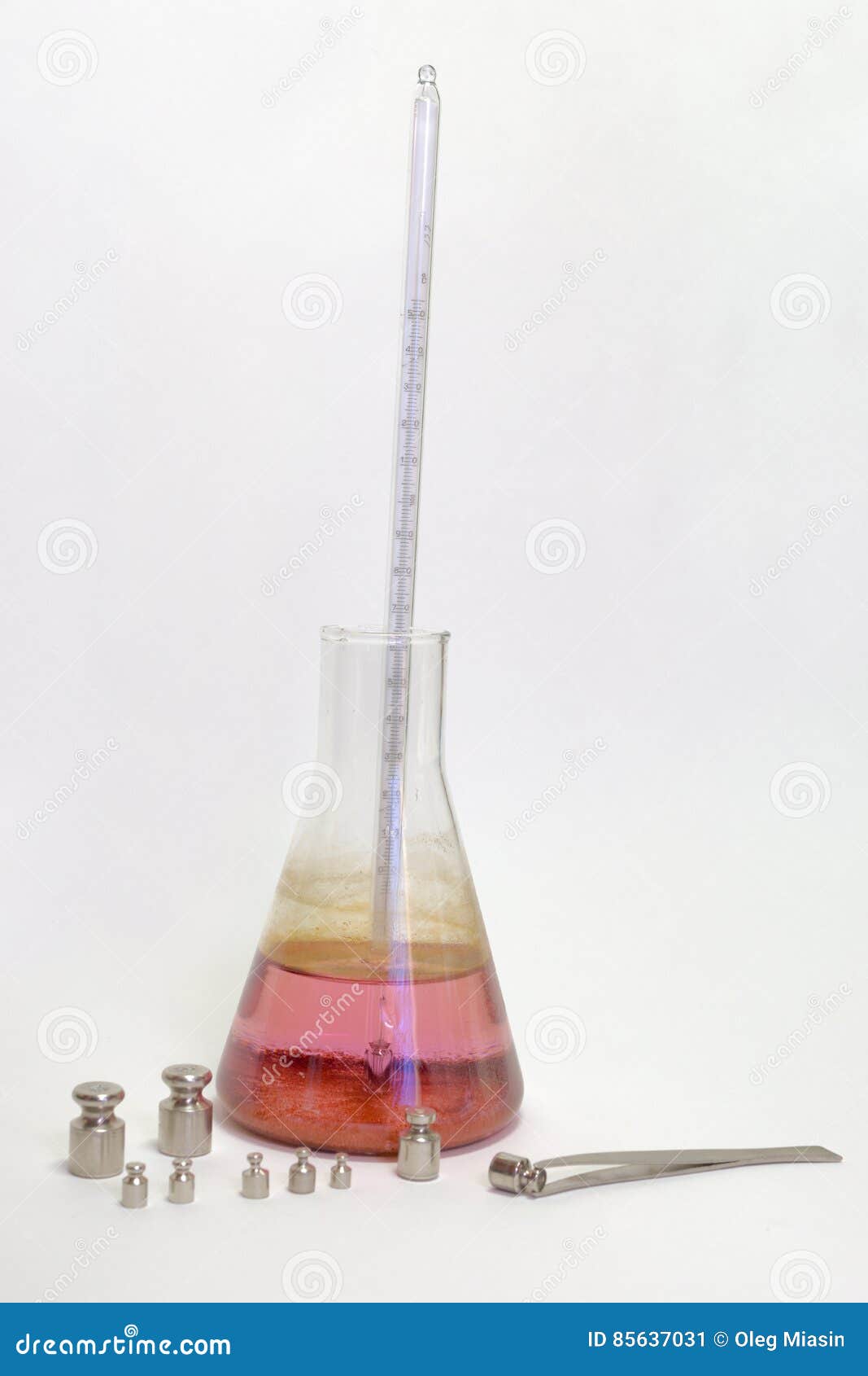 Glass Laboratory Flask, Thermometer, Pink Solution, Chromed Weights for ...