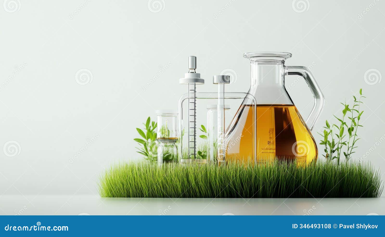 Glass Laboratory Instruments with Plant Elements on Green Grass ...