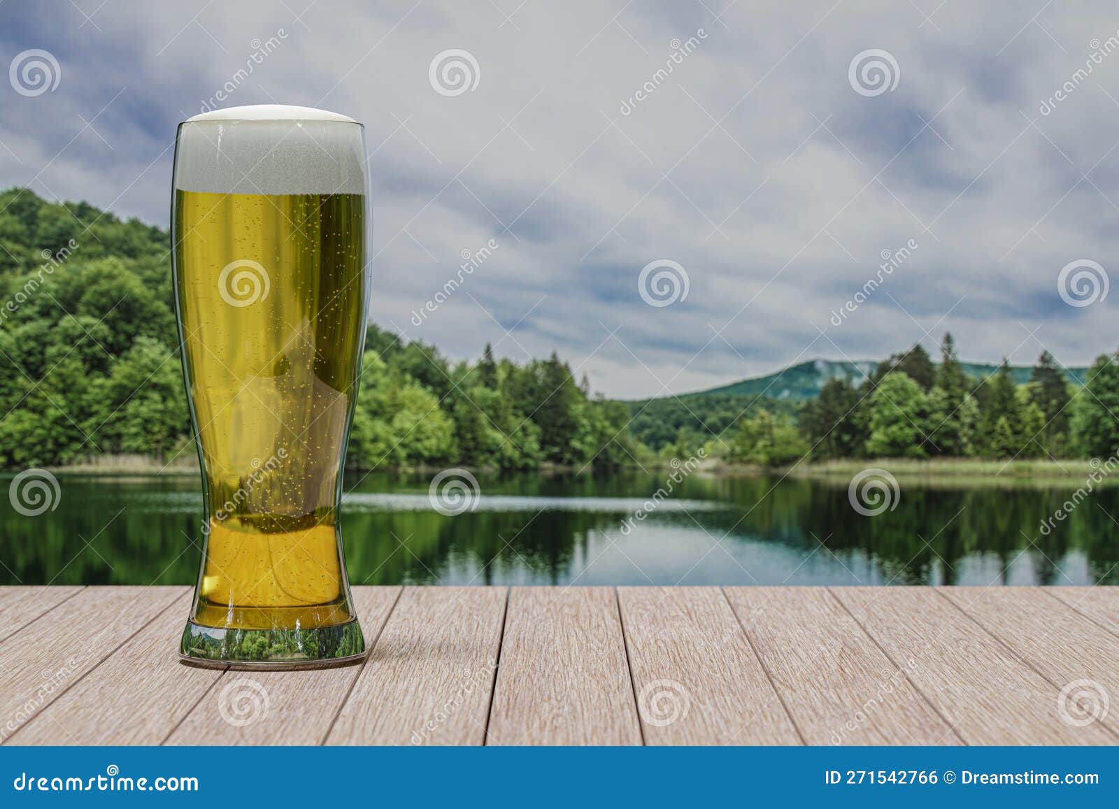 Glass of Light Beer on Table with View of Forest with Lake Stock Photo ...