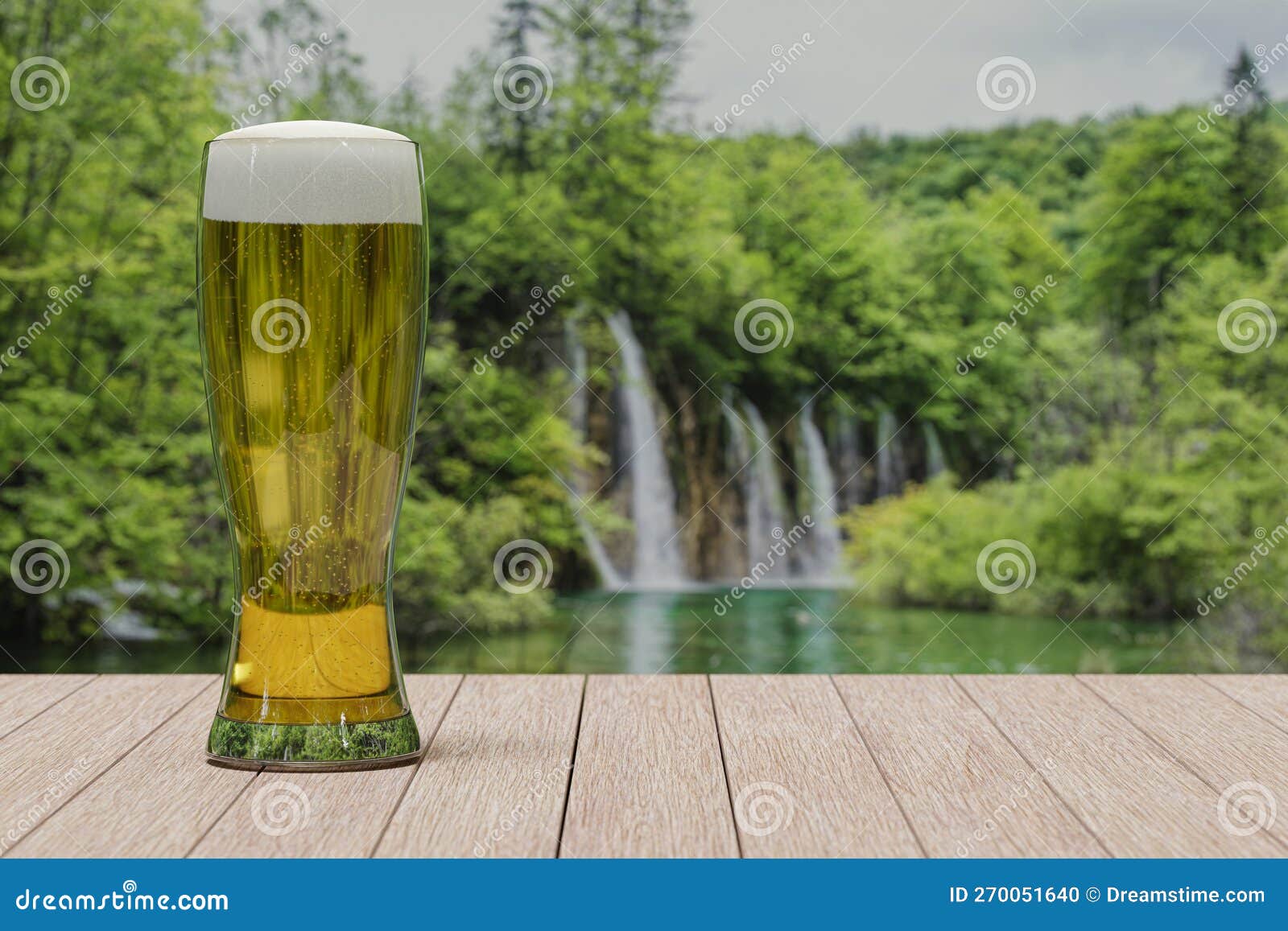 Glass of Light Beer on Table with View of Forest with Lake and ...