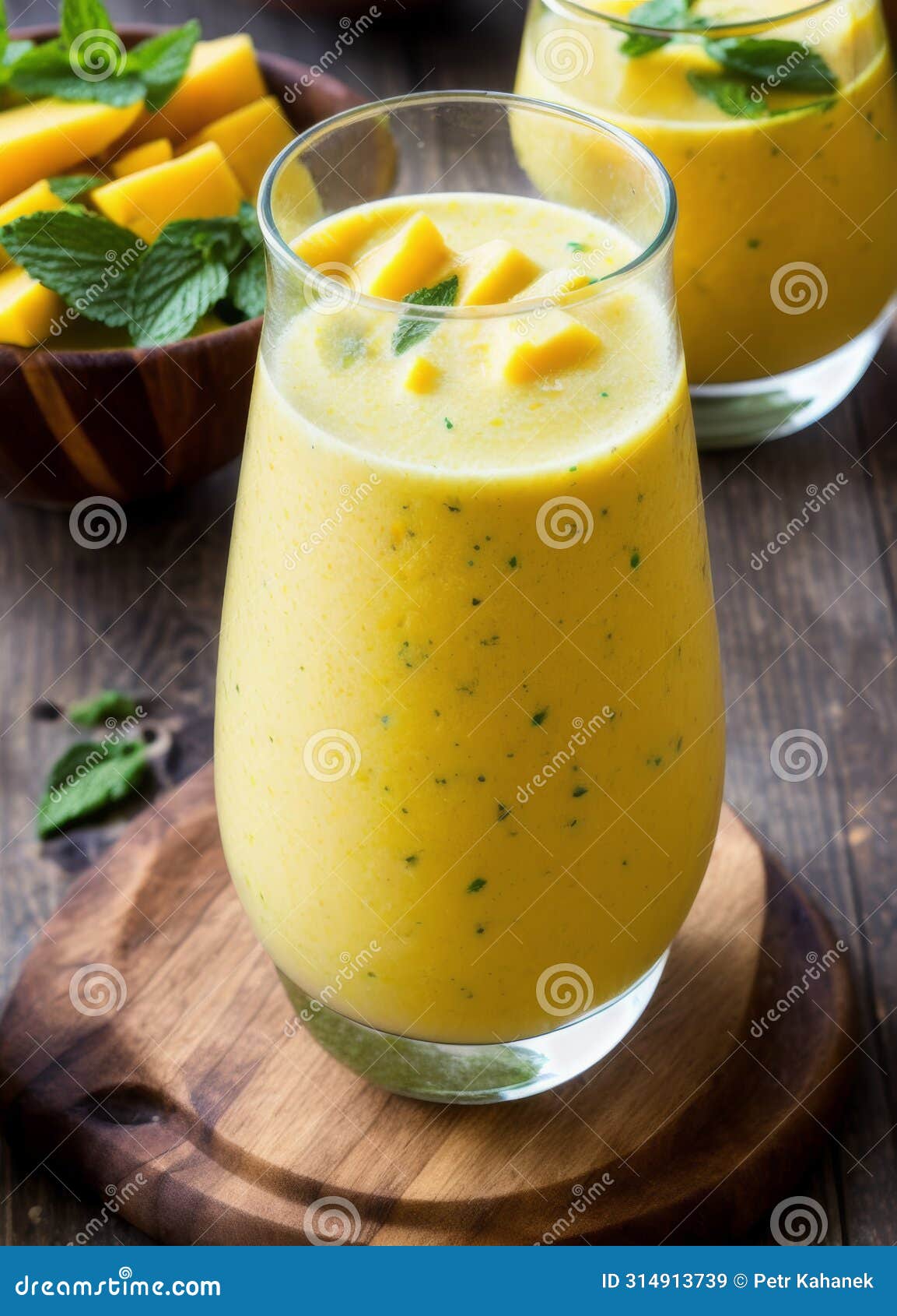 Glass of Mango Lassi Adorned with Mint Leaves and Mango Chunks. AI ...