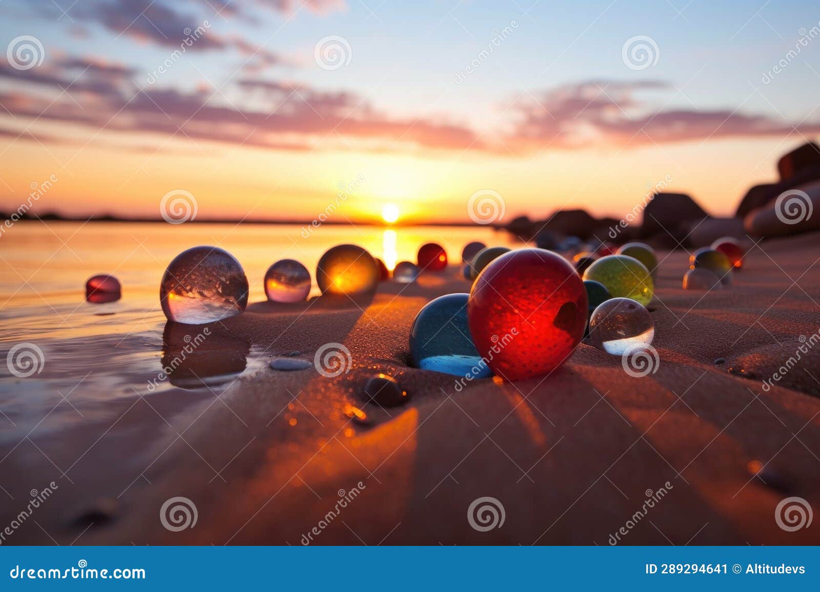Glass Marbles on a Sandy Beach during Sunset Stock Image - Image of ...