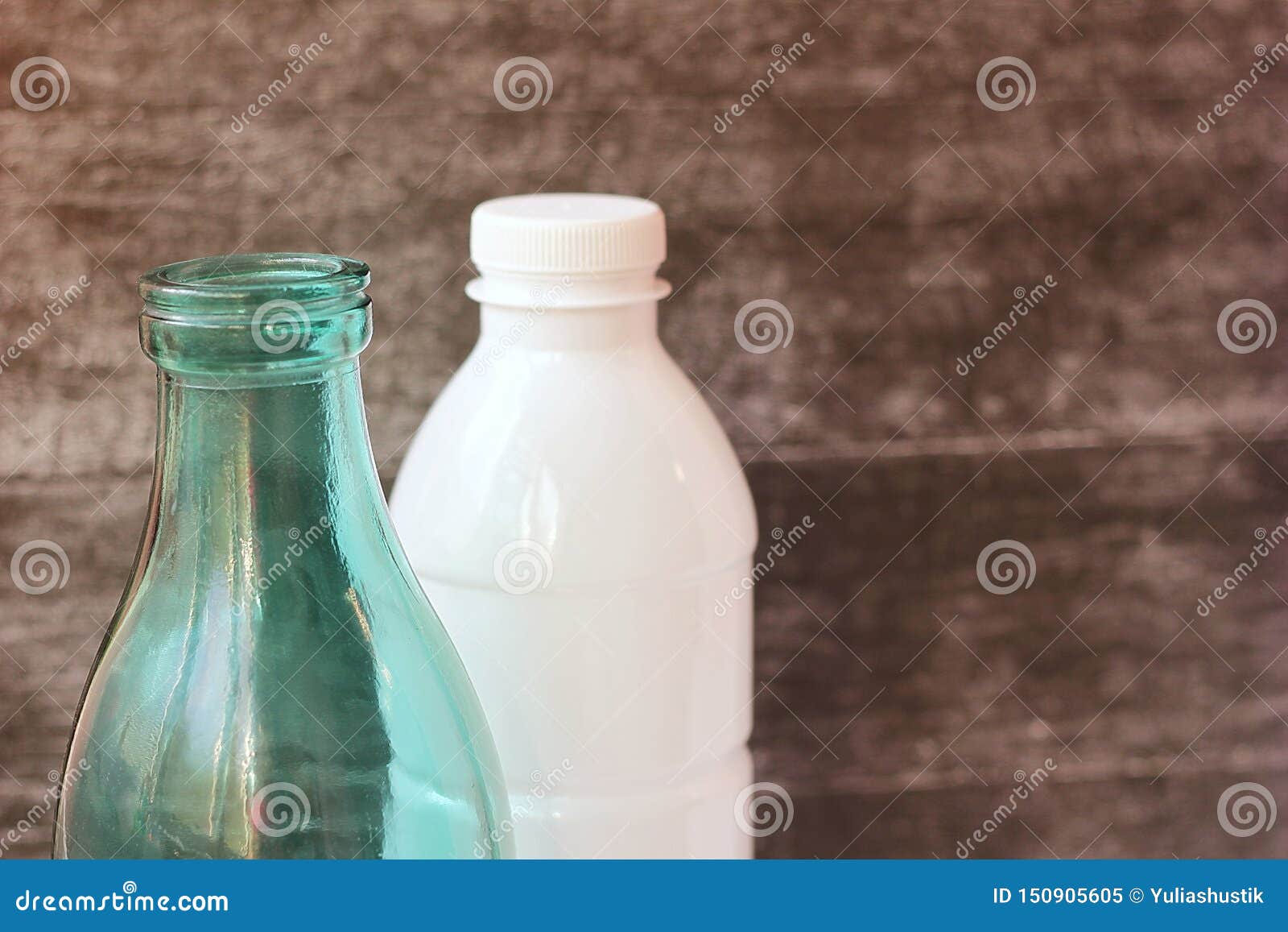 Glass Milk Bottle and Plastic Bottle. Reusable Packaging. Empty Space ...