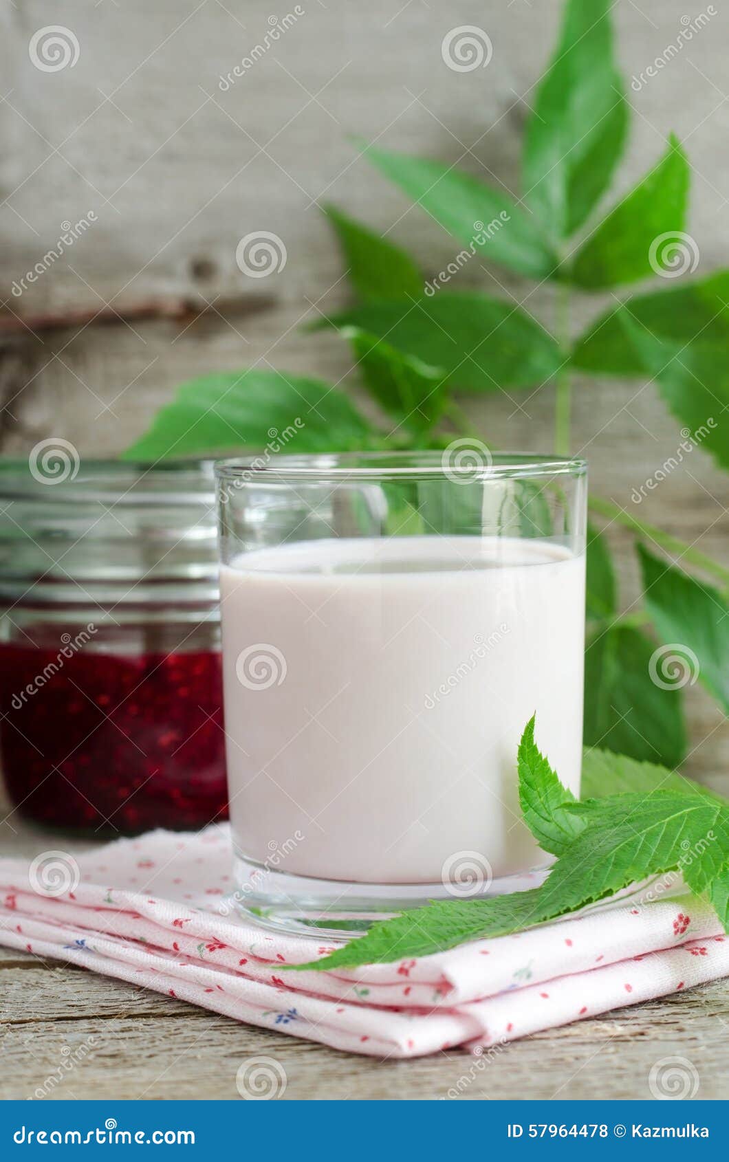 Glass of Milk and Raspberry Jam Stock Photo - Image of greek, napkin ...