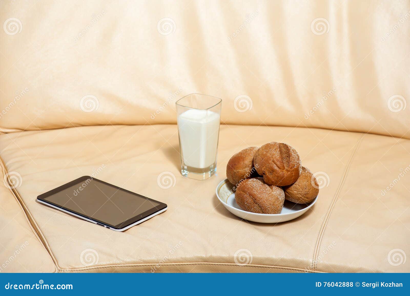 Glass of Milk with Rolls Lie on the Couch Stock Photo - Image of couche ...