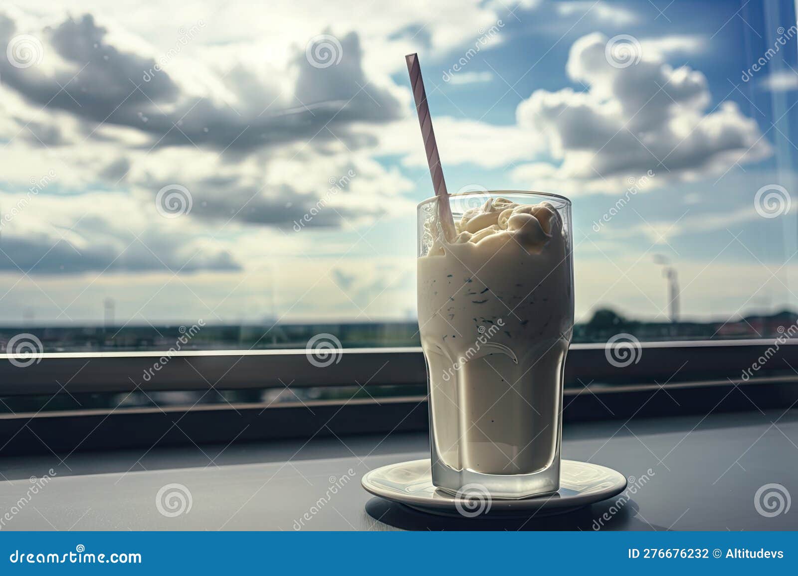 Glass of Milkshake with Straw and View of Cloudy Sky Stock Photo ...