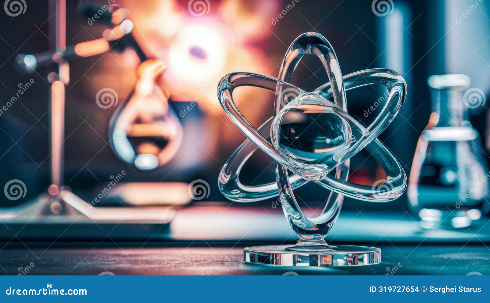A Glass Model of an Atom on a Table in Front of Some Bottles, AI Stock ...