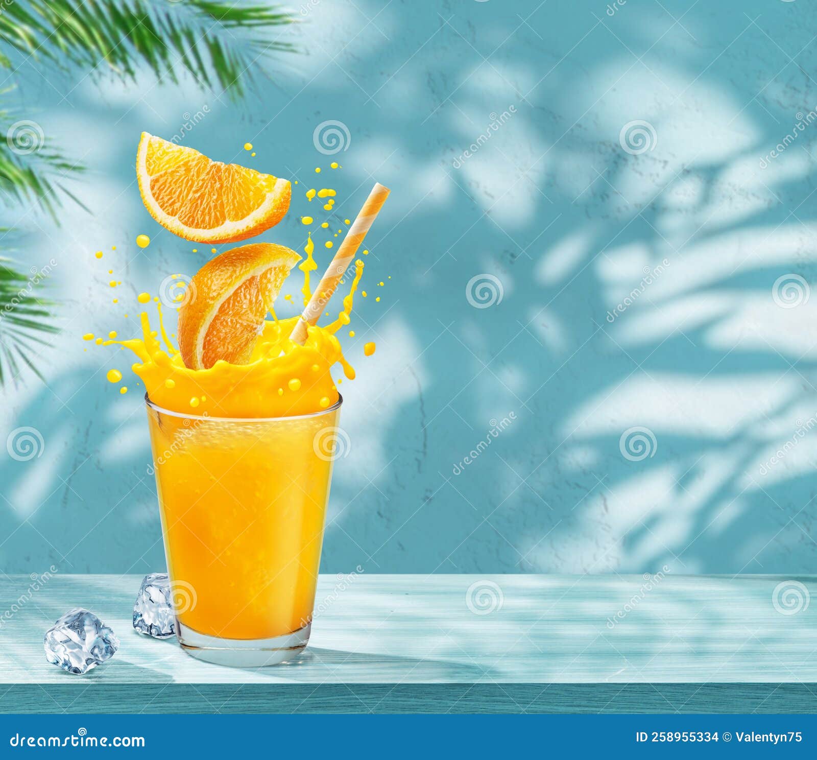 Glass of Orange Juice with Orange Splash on the Table and Stucco ...