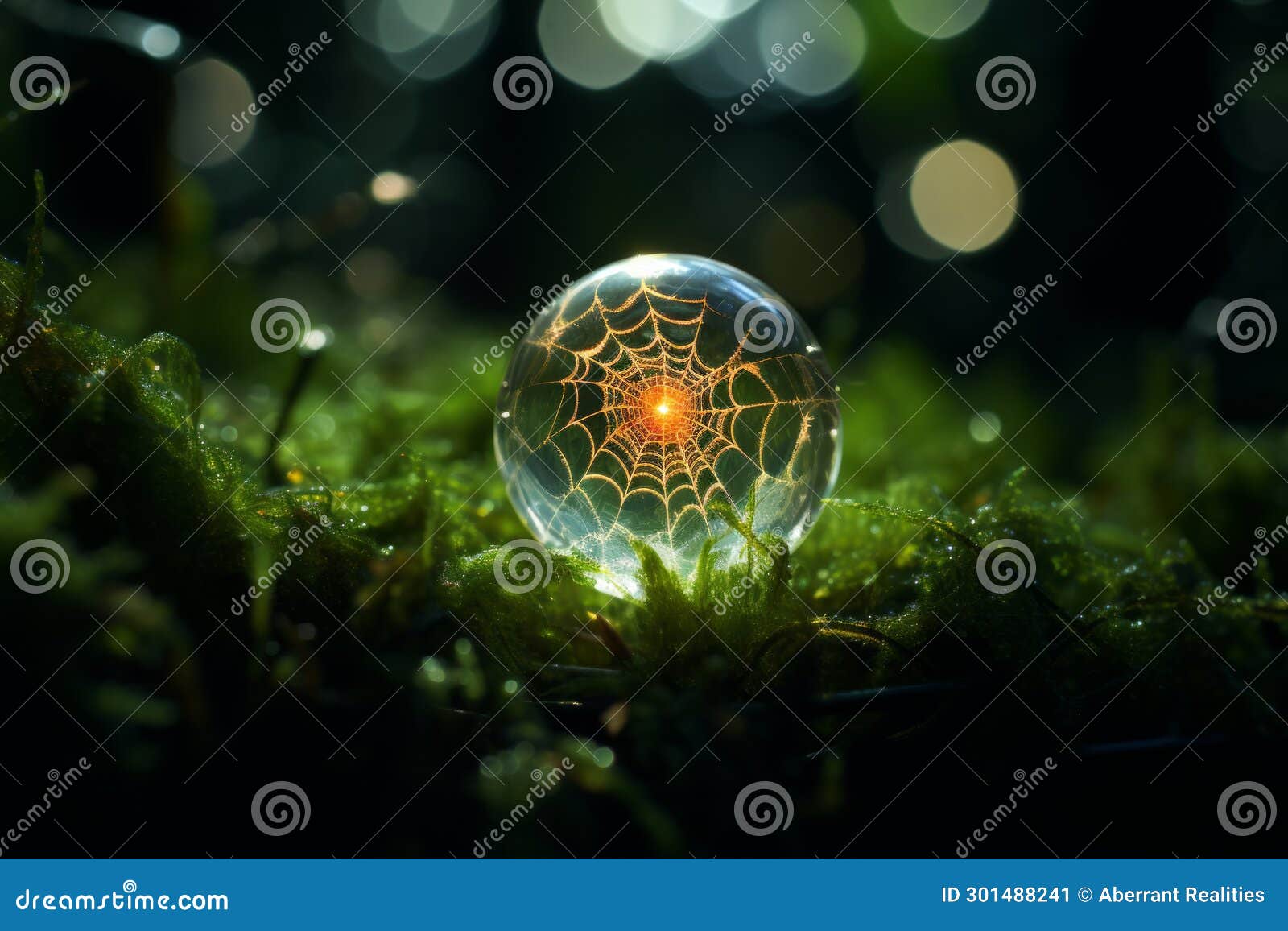 A Glass Orb with a Spider Web in the Middle of the Grass Stock ...