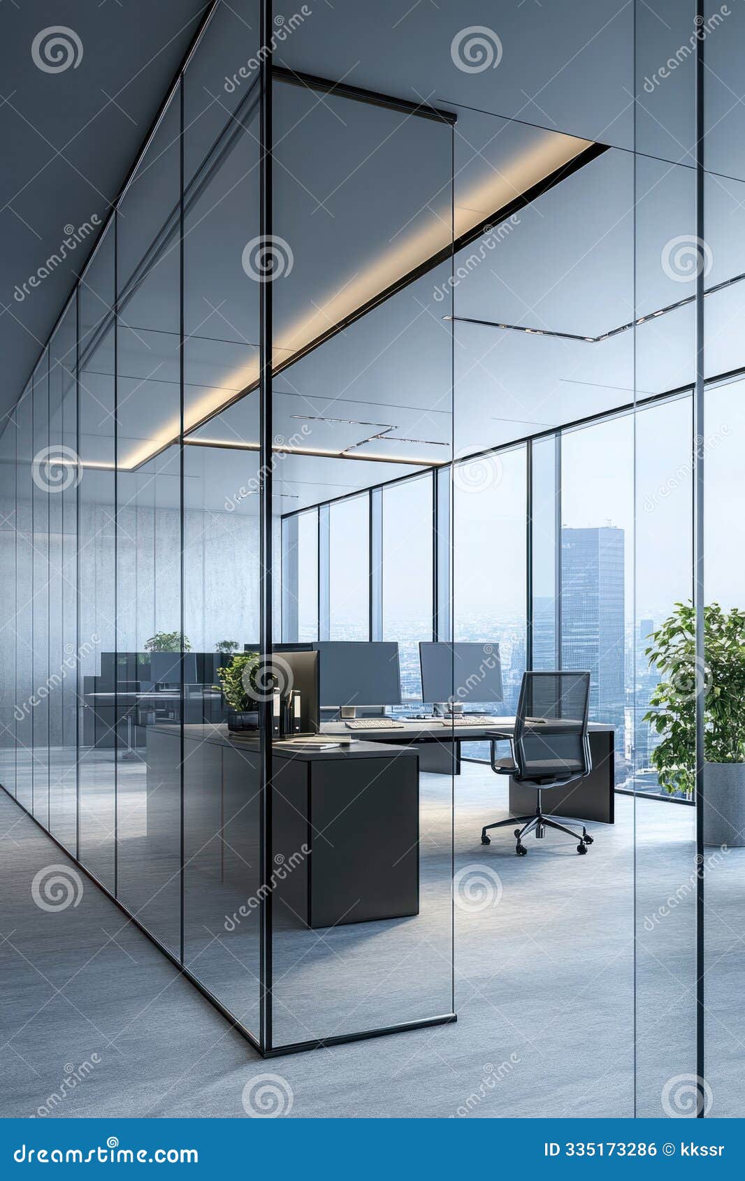Glass Partitioned, Empty Sleek Modern Office With Expansive Glass ...