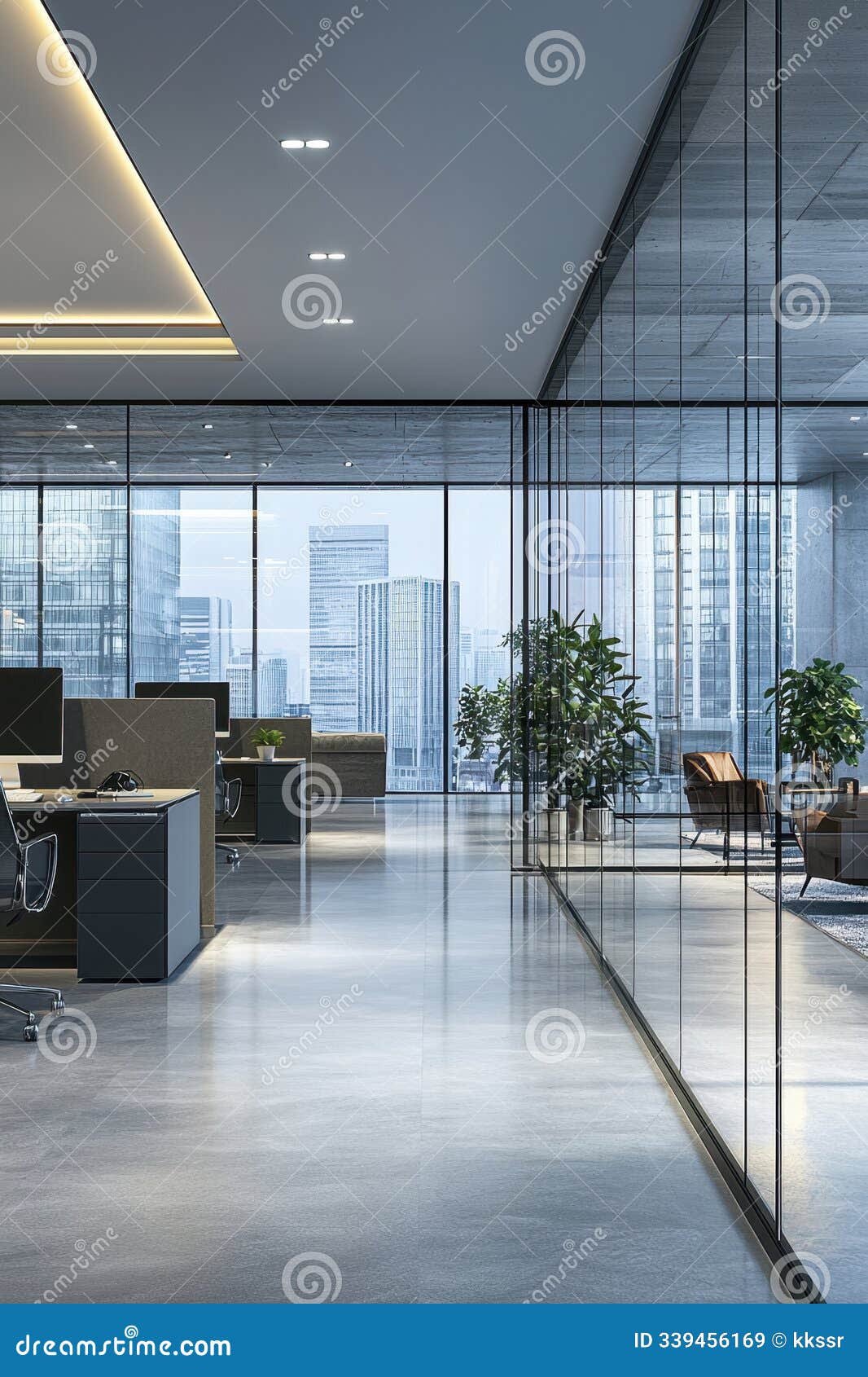 Glass Partitioned, Empty Sleek Modern Office With Expansive Glass ...