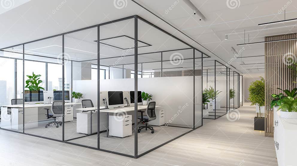 Glass Partitions and Private Work Pods in a Flexible Workspace Stock ...