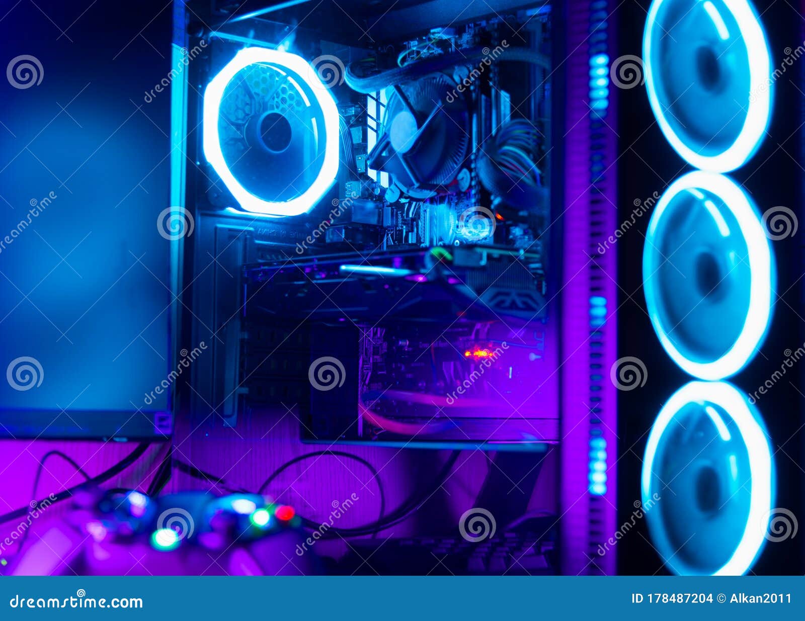 Glass Pc Case with Rgb Lighting and a Desk Stock Photo - Image of night ...