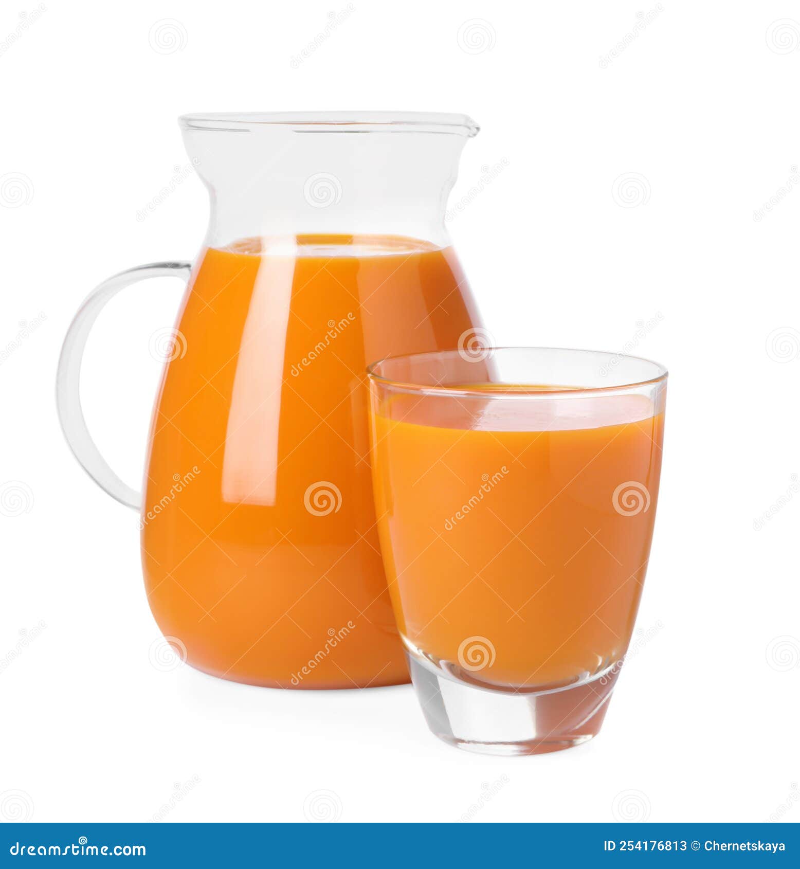 Glass and Pitcher of Carrot Juice on White Background Stock Image ...