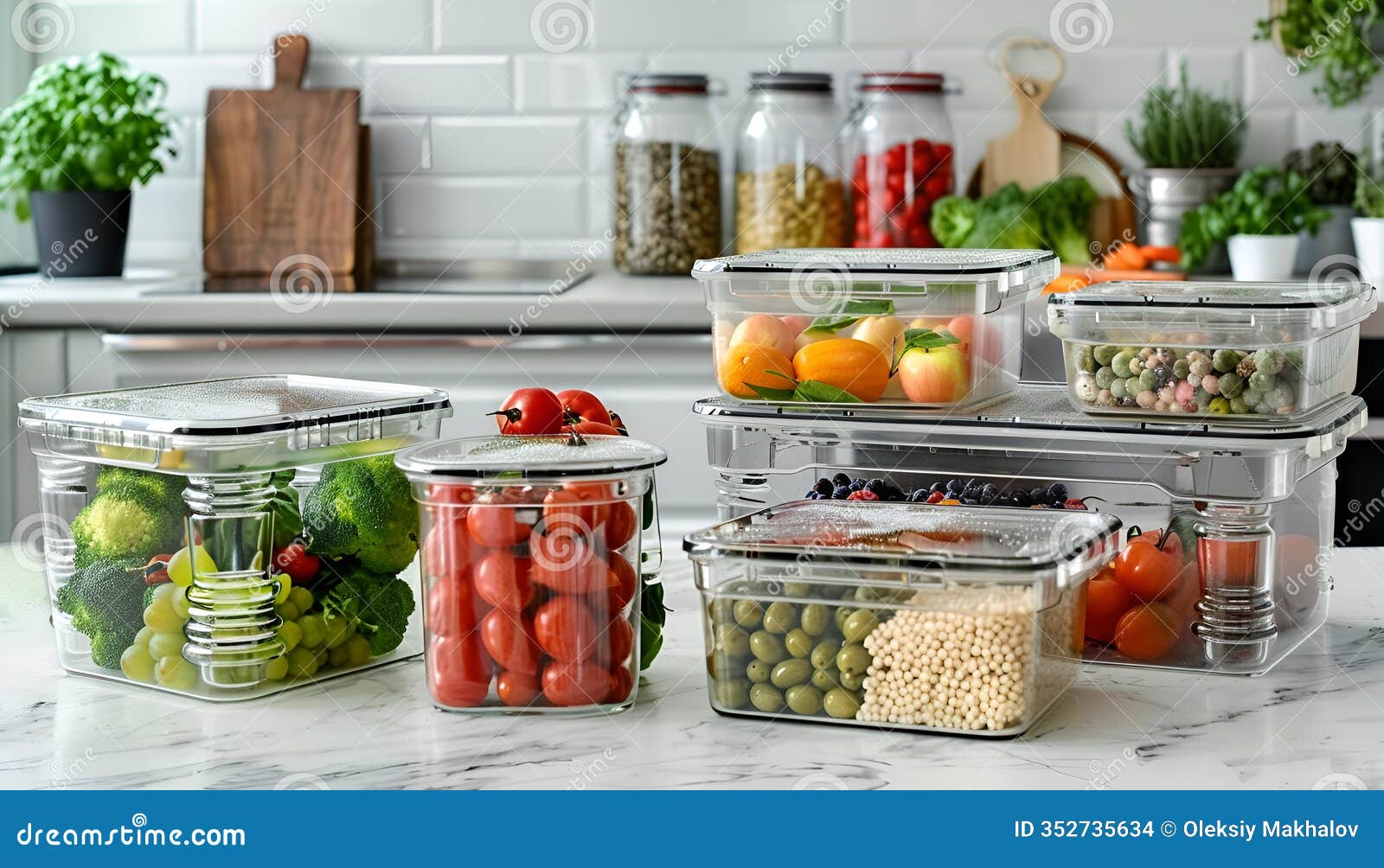 Glass and Plastic Containers with Different Fresh Products on White ...