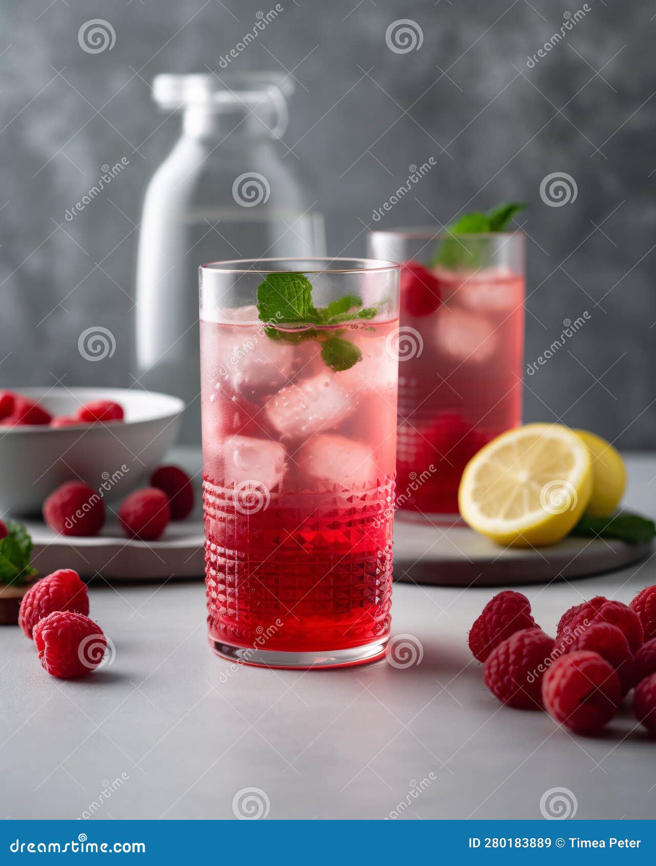 A Glass of Raspberry Lemonade with Ice in a Kitchen Environment Stock ...