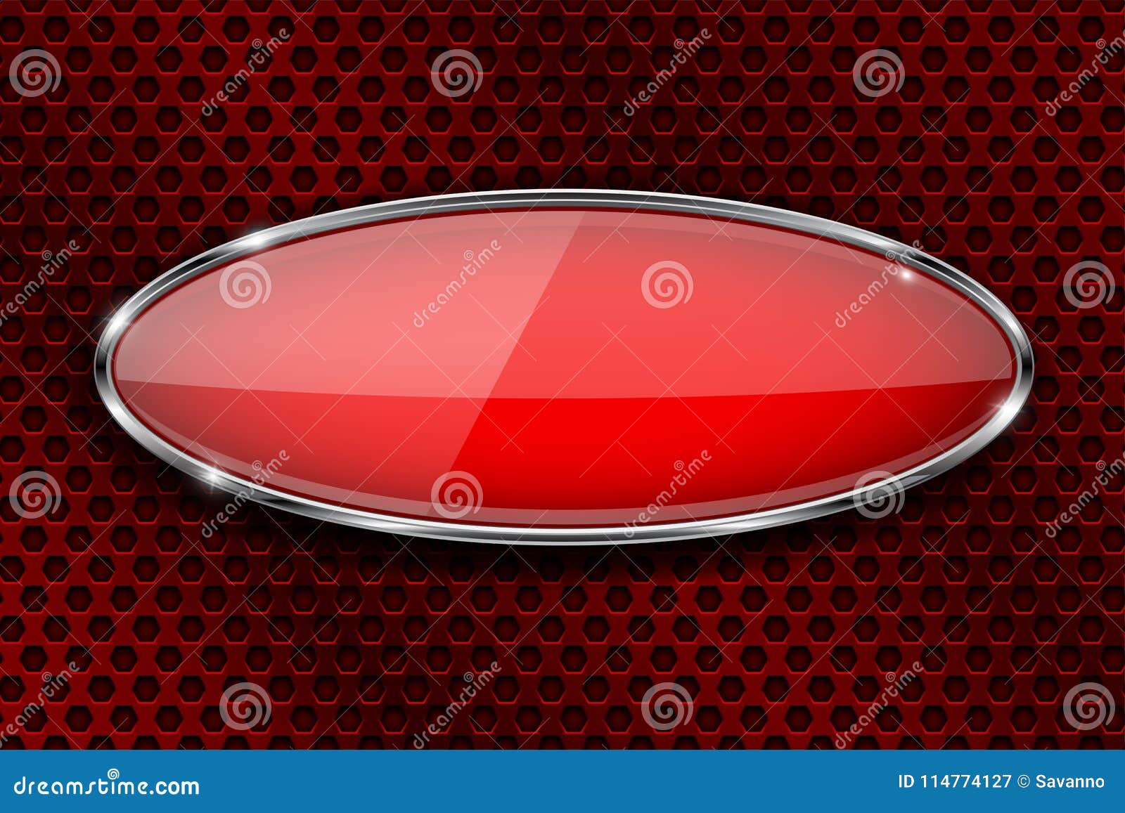 Glass Red Button on Metal Perforated Background. Oval 3d Button with ... Glass Red Button on Metal Perforated Background. Oval 3d Button with ...