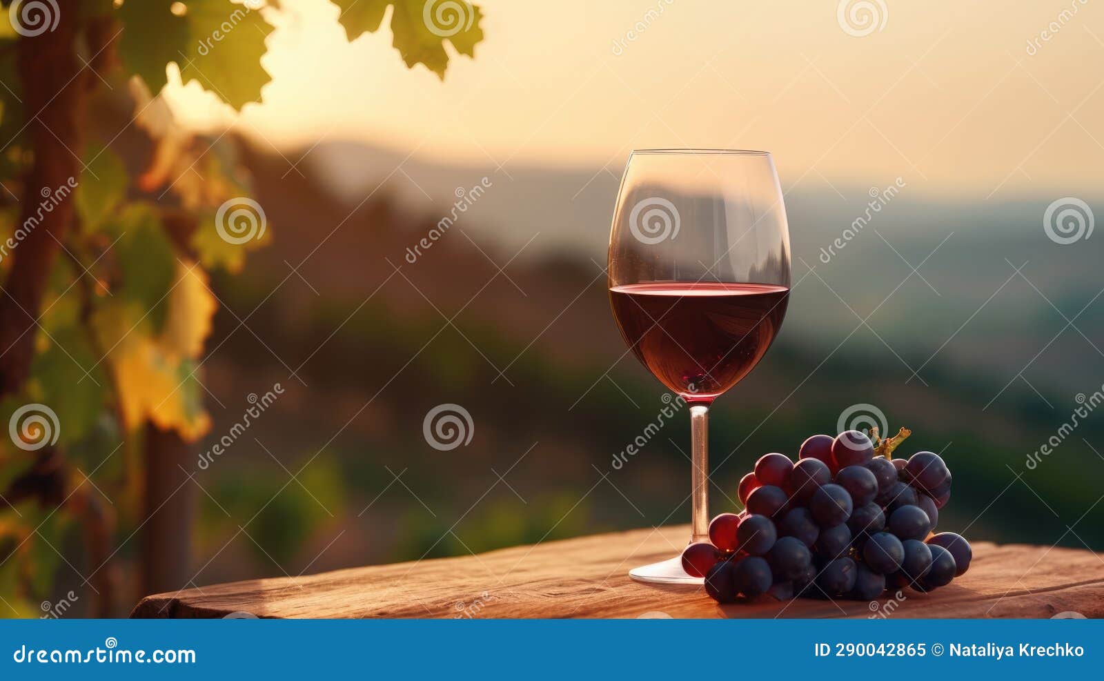 Glass of Red Wine at Sunset with Vineyards in the Background. Stock ...