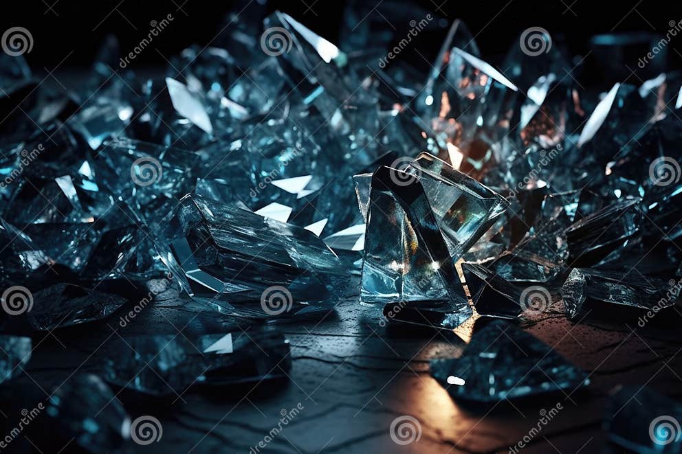 Glass Shards Reflecting Light on Dark Surface Stock Illustration ...