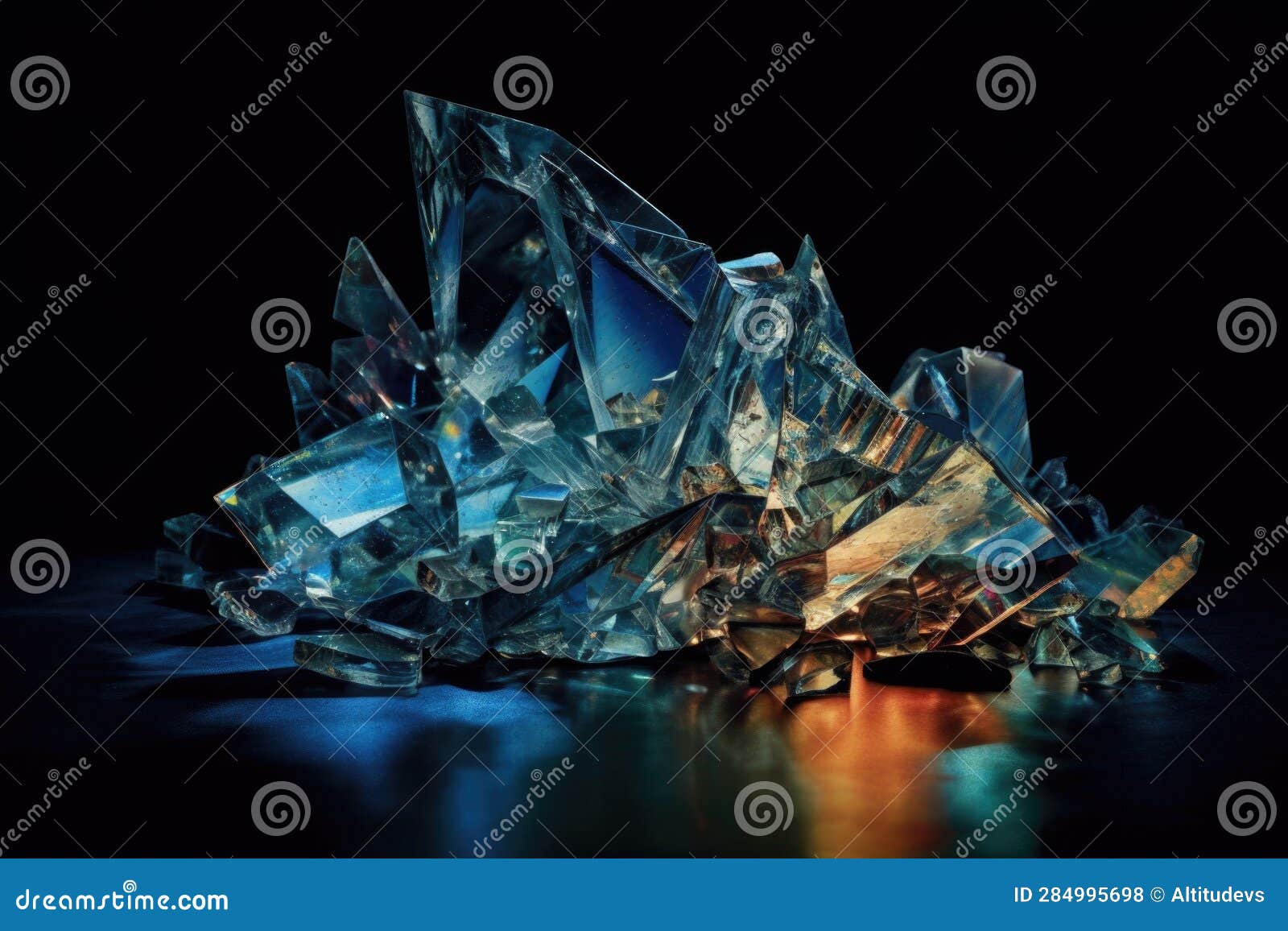Glass Shards Reflecting Light on Dark Surface Stock Illustration ...