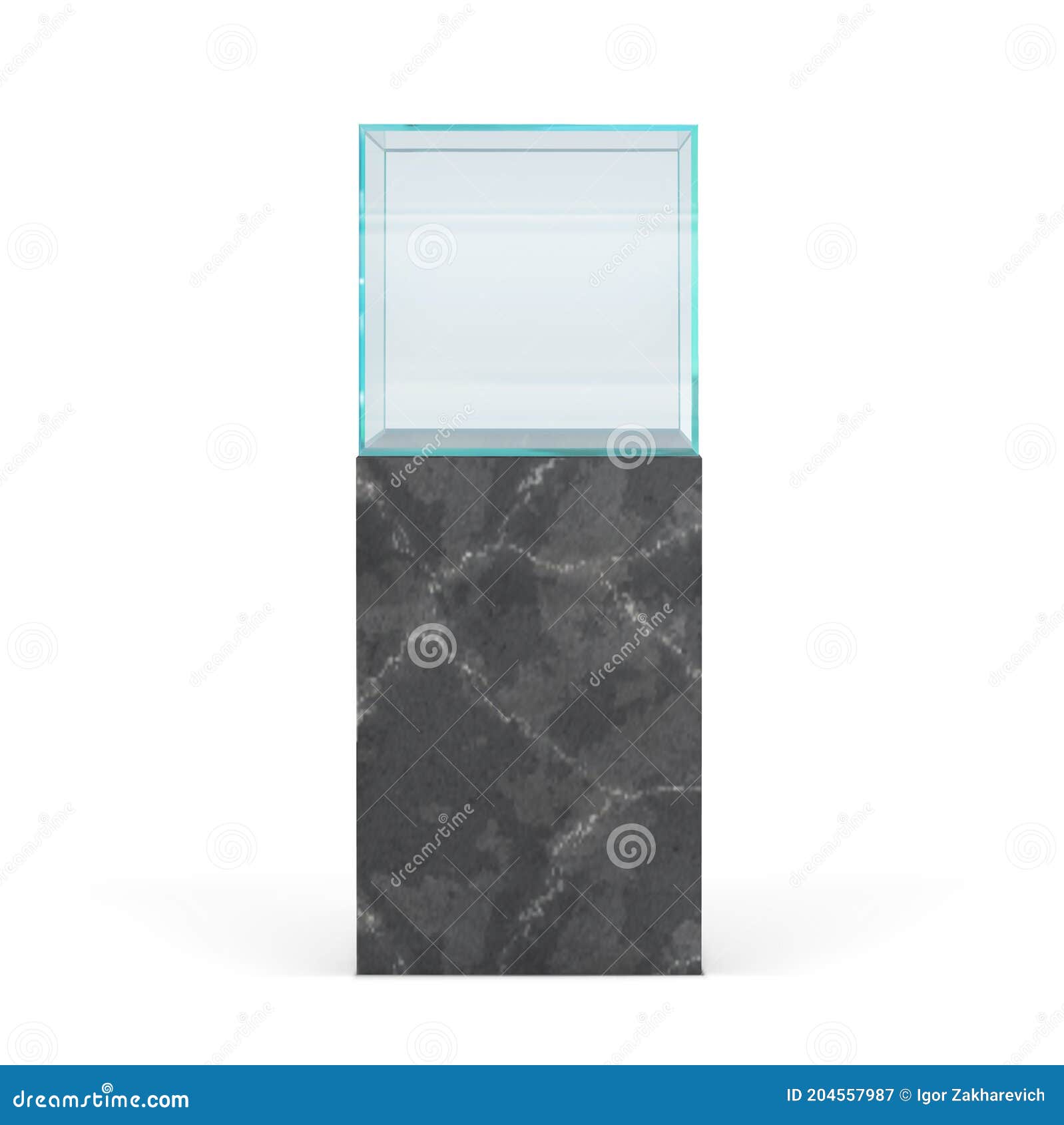 Glass Showcase Cube on High Dark Marble Pedestal in Frontal Projection ...