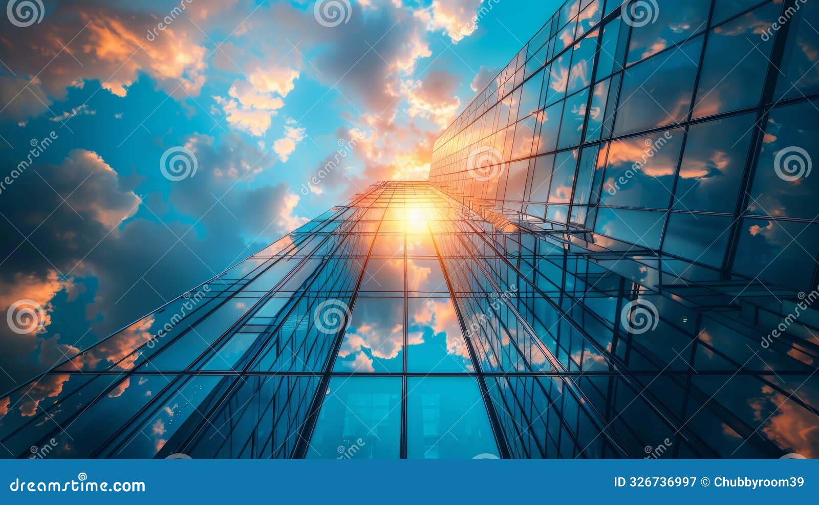 Glass Skyscraper with a Reflection of the Sunset Sky, the Sun Casting a ...