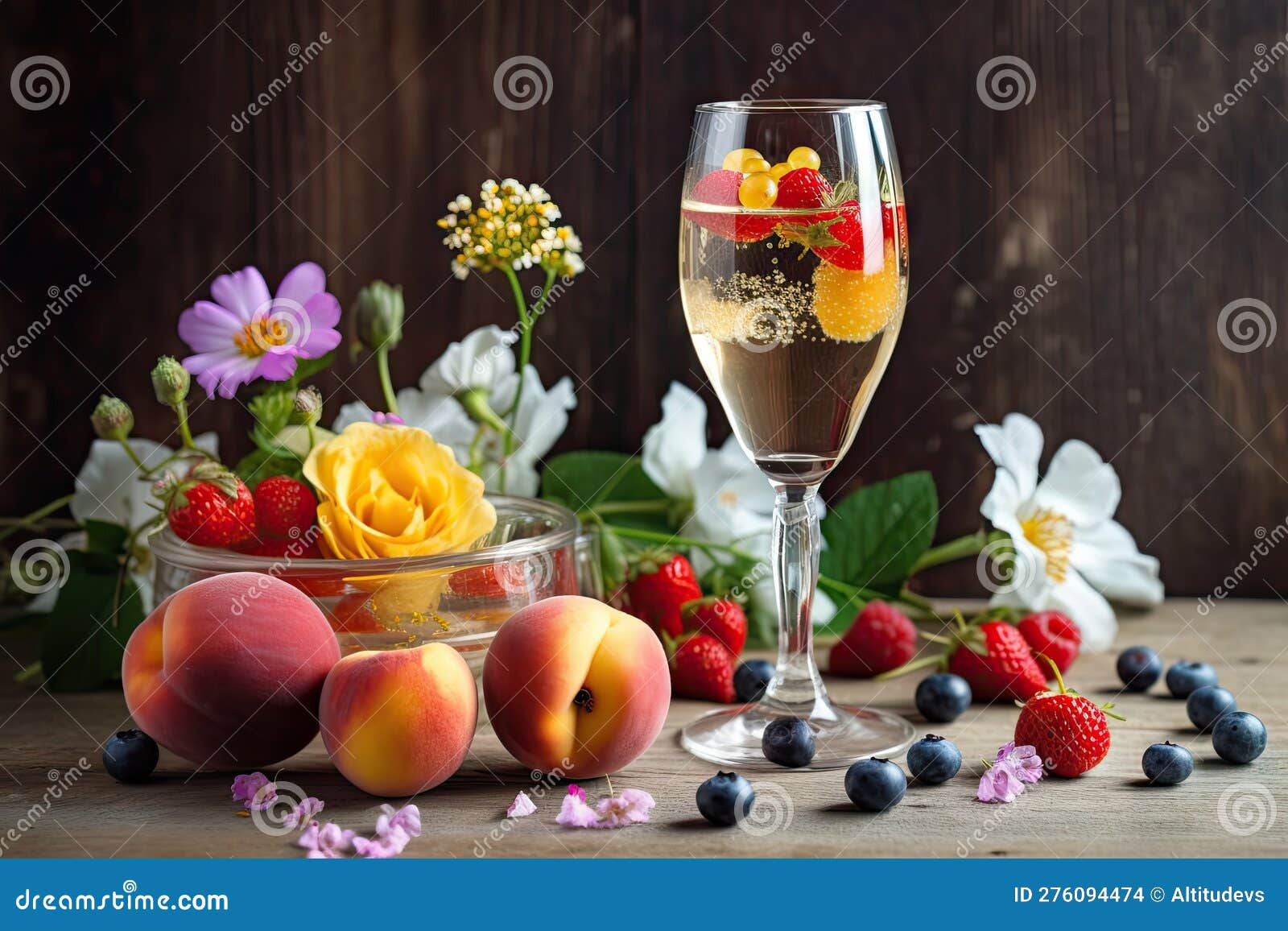 Glass of Sparkling Wine with Fruit and Flowers Stock Illustration ...