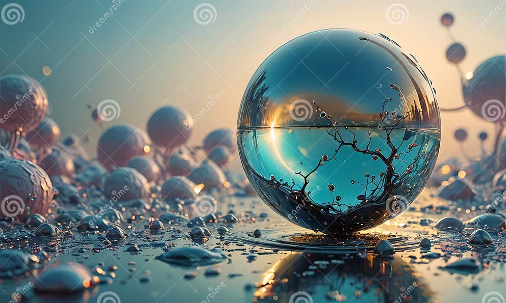 Glass Sphere with Blue Interior and Reflection Tree and Sky is ...