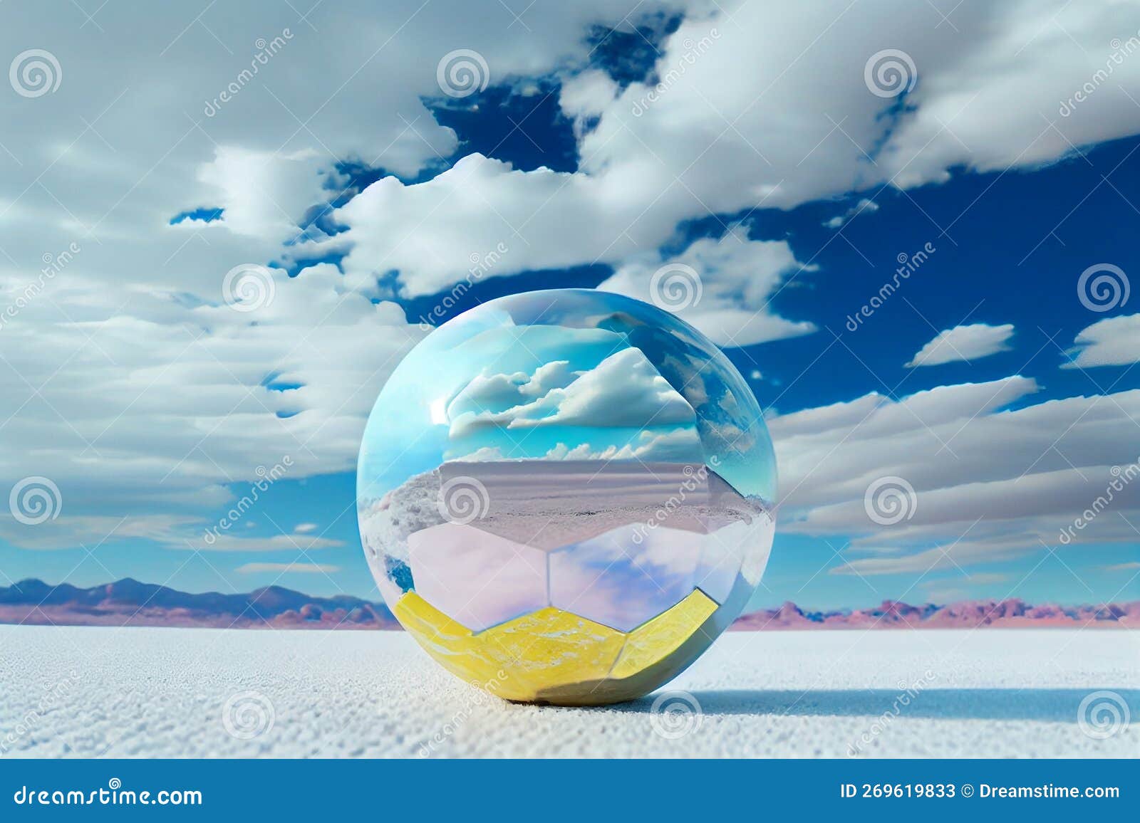 Glass Sphere with Cloud Reflections Salt Flat. Illustration Generative ...
