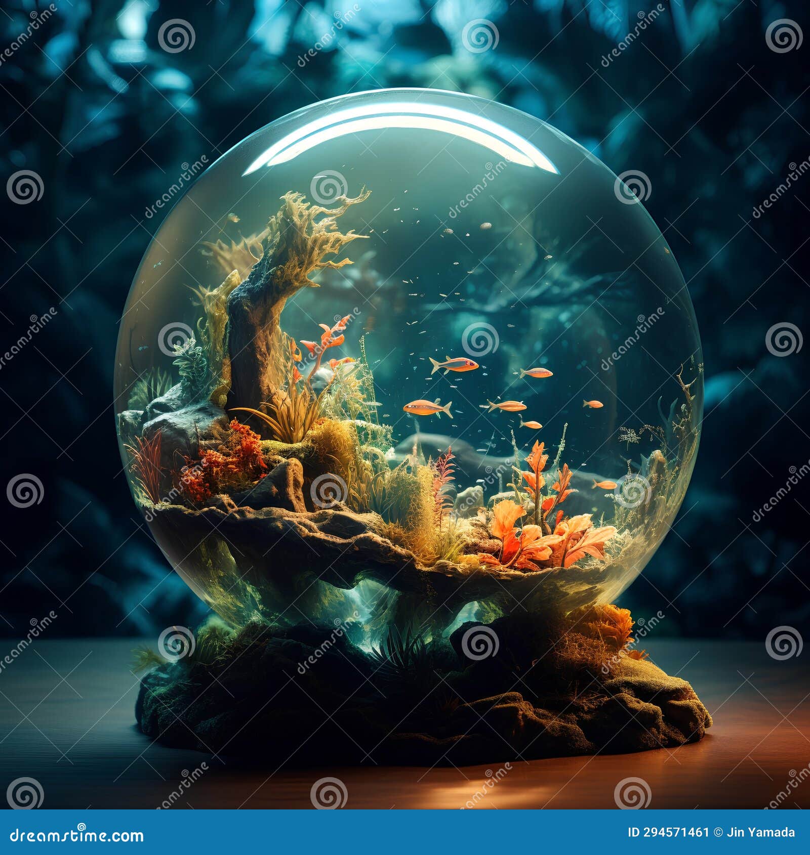 Glass Sphere with Colorful Coral Reef and Fish Inside. 3D Rendering ...
