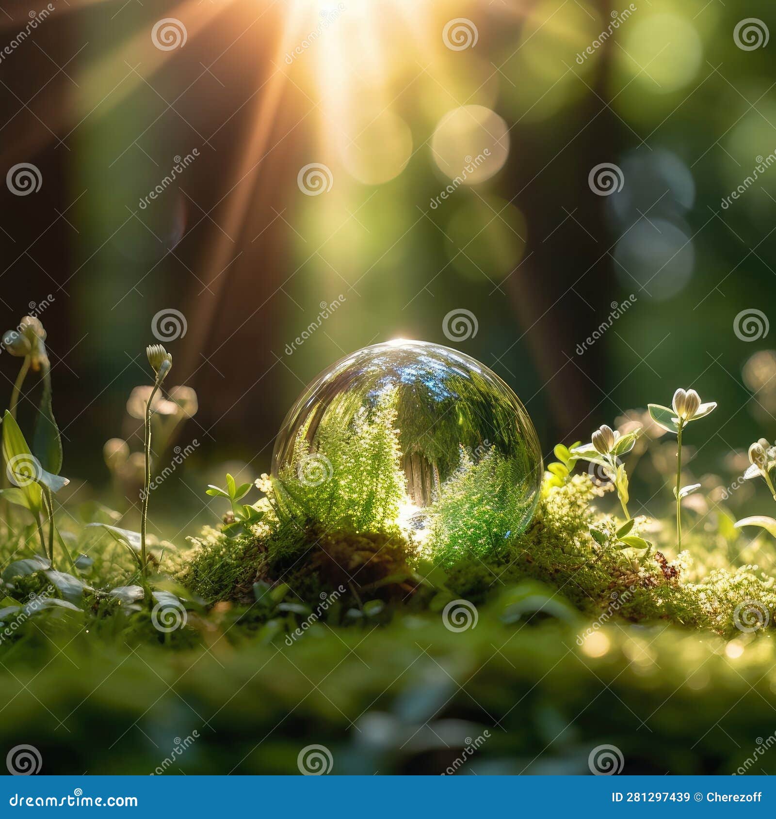 Glass Sphere in the Forest, Grass and Sun Stock Illustration ...
