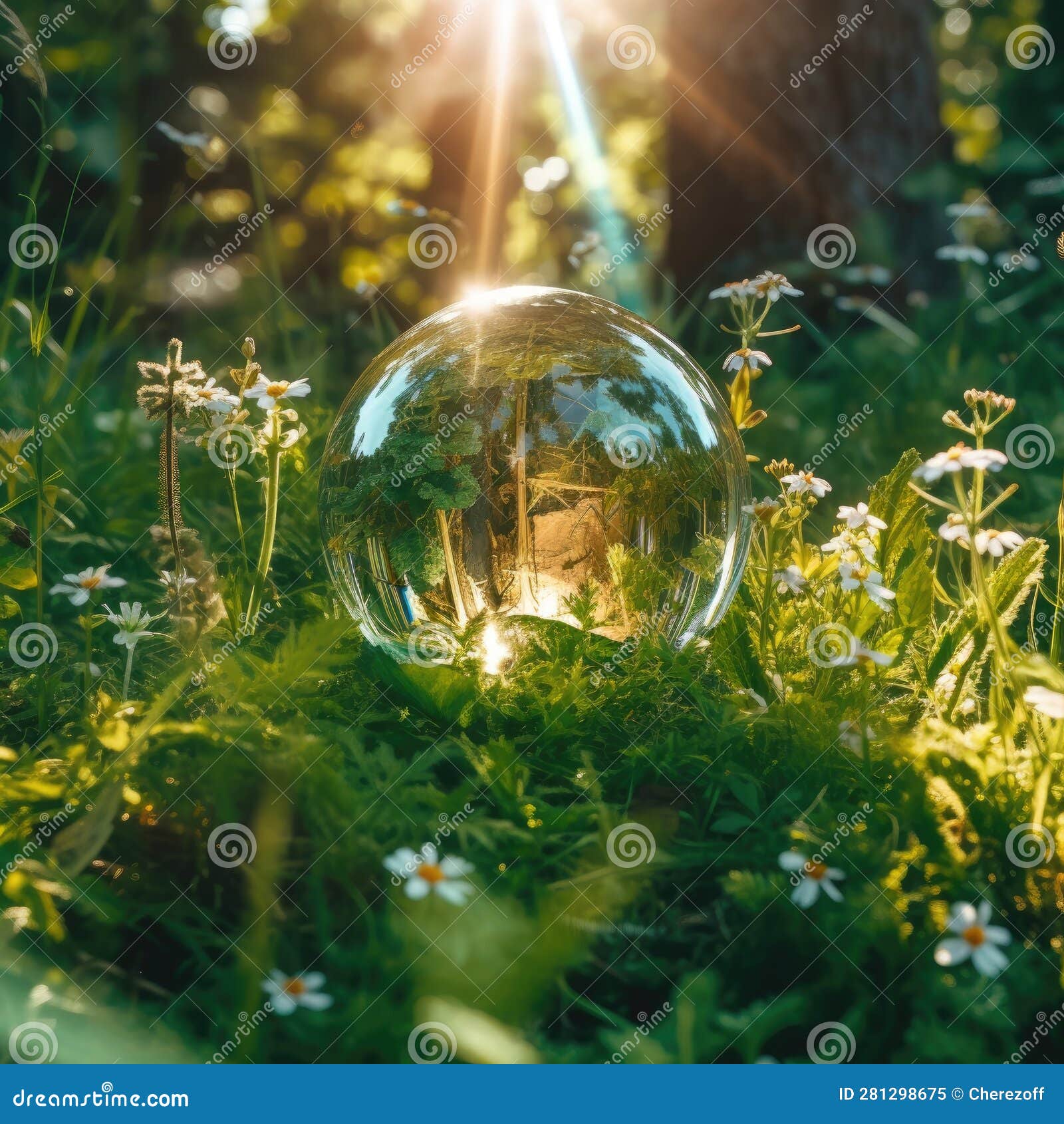 Glass Sphere in the Forest, Grass and Sun Stock Illustration ...