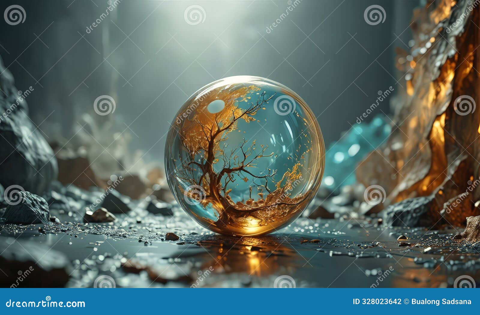 Glass Sphere with Tree Design Rests on Rocky Surface, Surrounded by ...