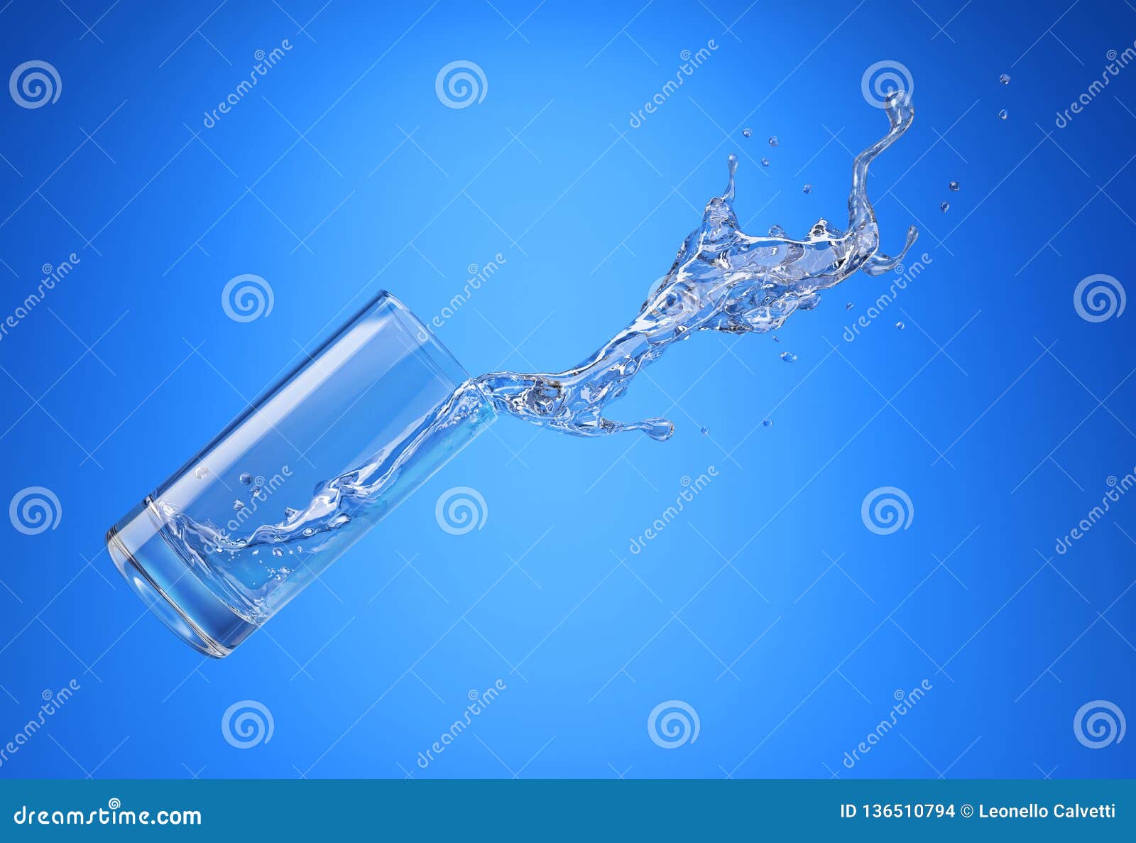 Glass With Spilling Water Splash. Side View. On Blue Background Stock ...