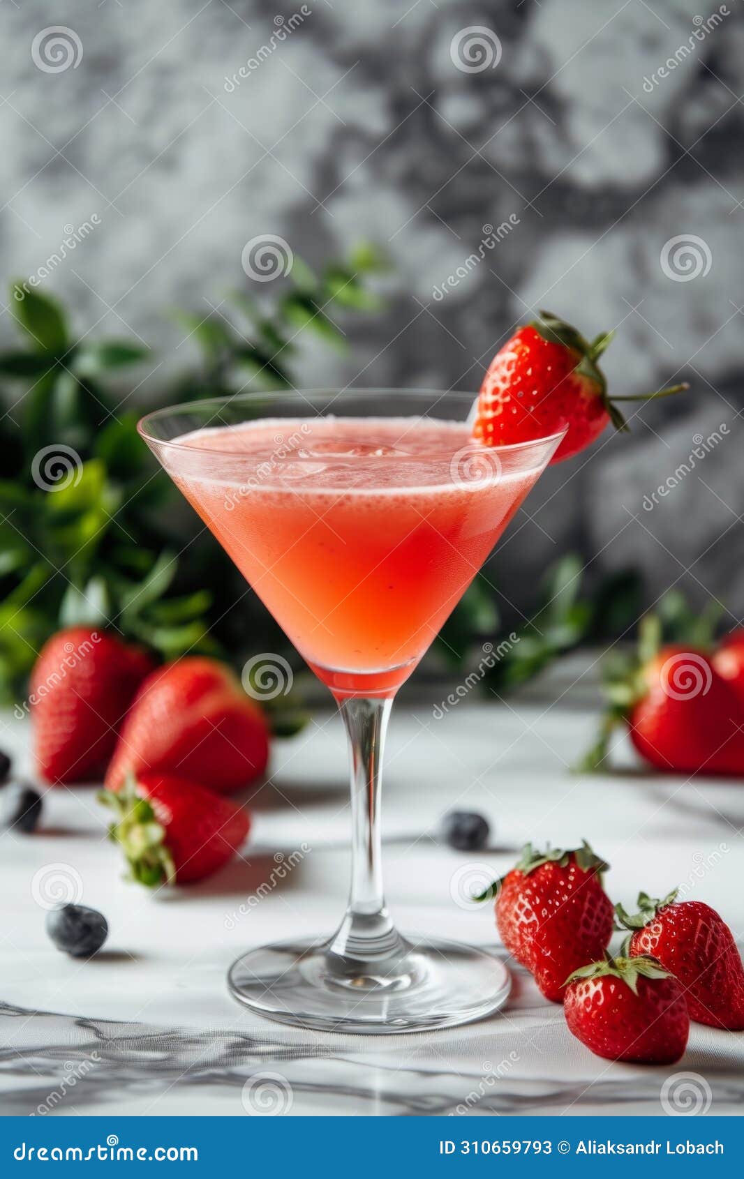 A Glass Of Strawberry Daiquiri Cocktail And Fresh Strawberries On The