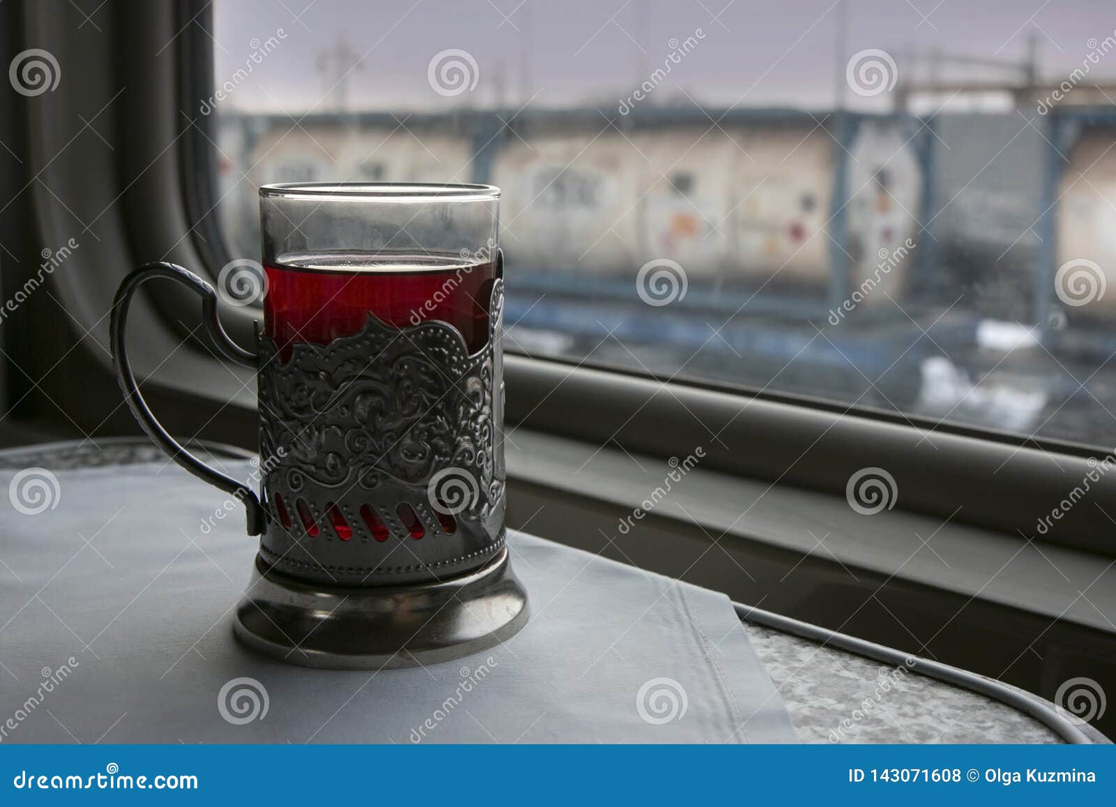 A Glass of Tea on the Table in the Train Compartment, Outside the ...