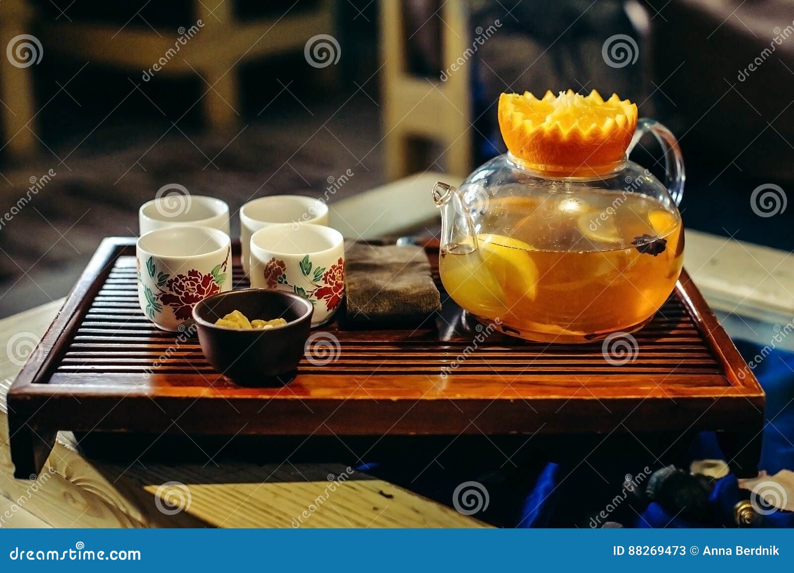 Glass Teapot and Cup with Green Tea and Orange Stock Image - Image of ...