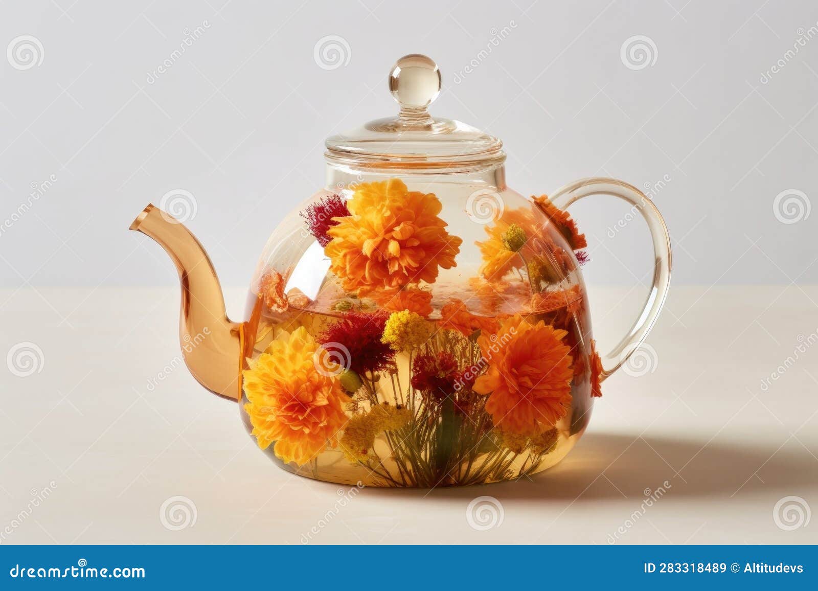 Glass Teapot Filled with Blooming Flower Tea on a Light Backdrop Stock ...