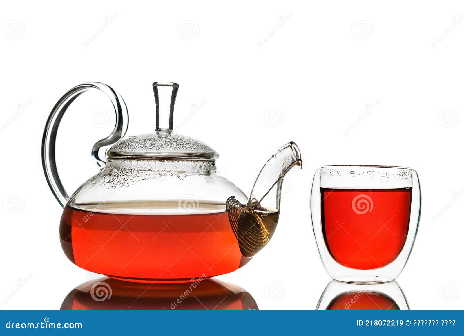 Glass Teapot and Glass with Tea Isolated on White with Reflection Stock ...