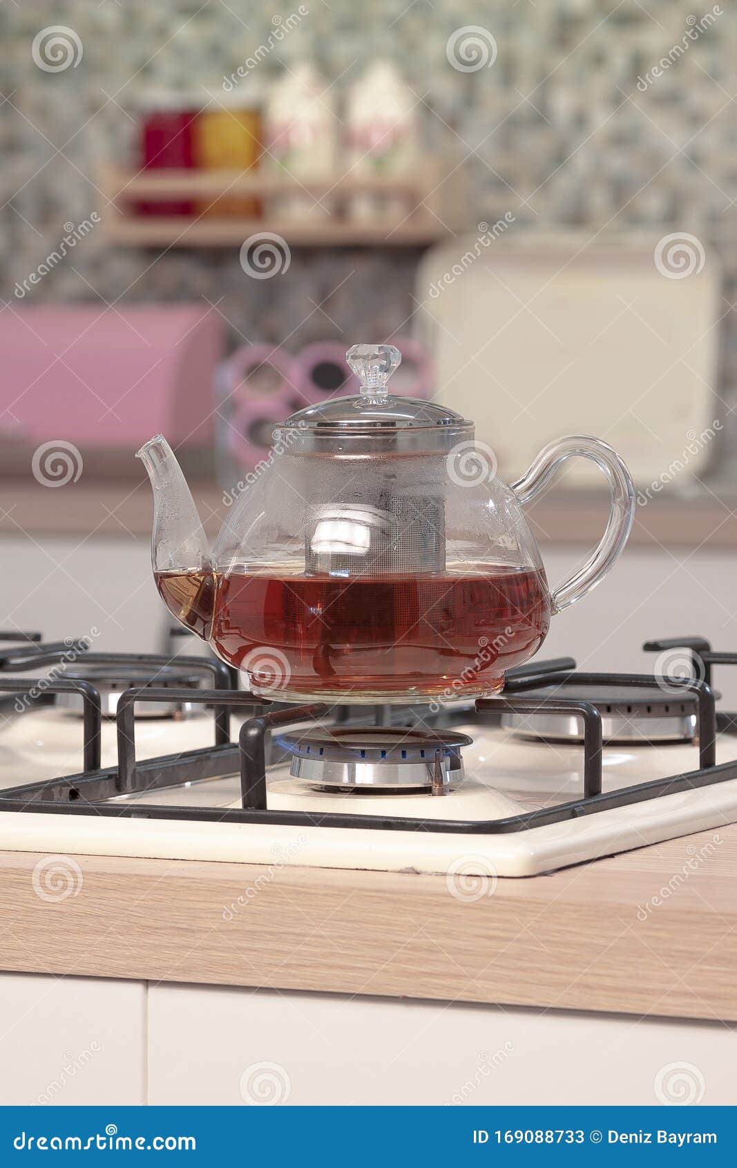 Glass Teapot on Wooden Counter of Kitchen Stock Image - Image of home ...