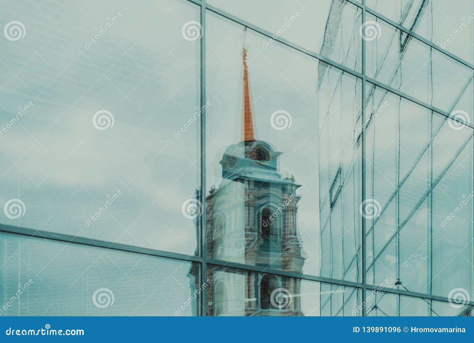 Glass Texture Window with a Reflection of the Bell Tower Stock Photo ...