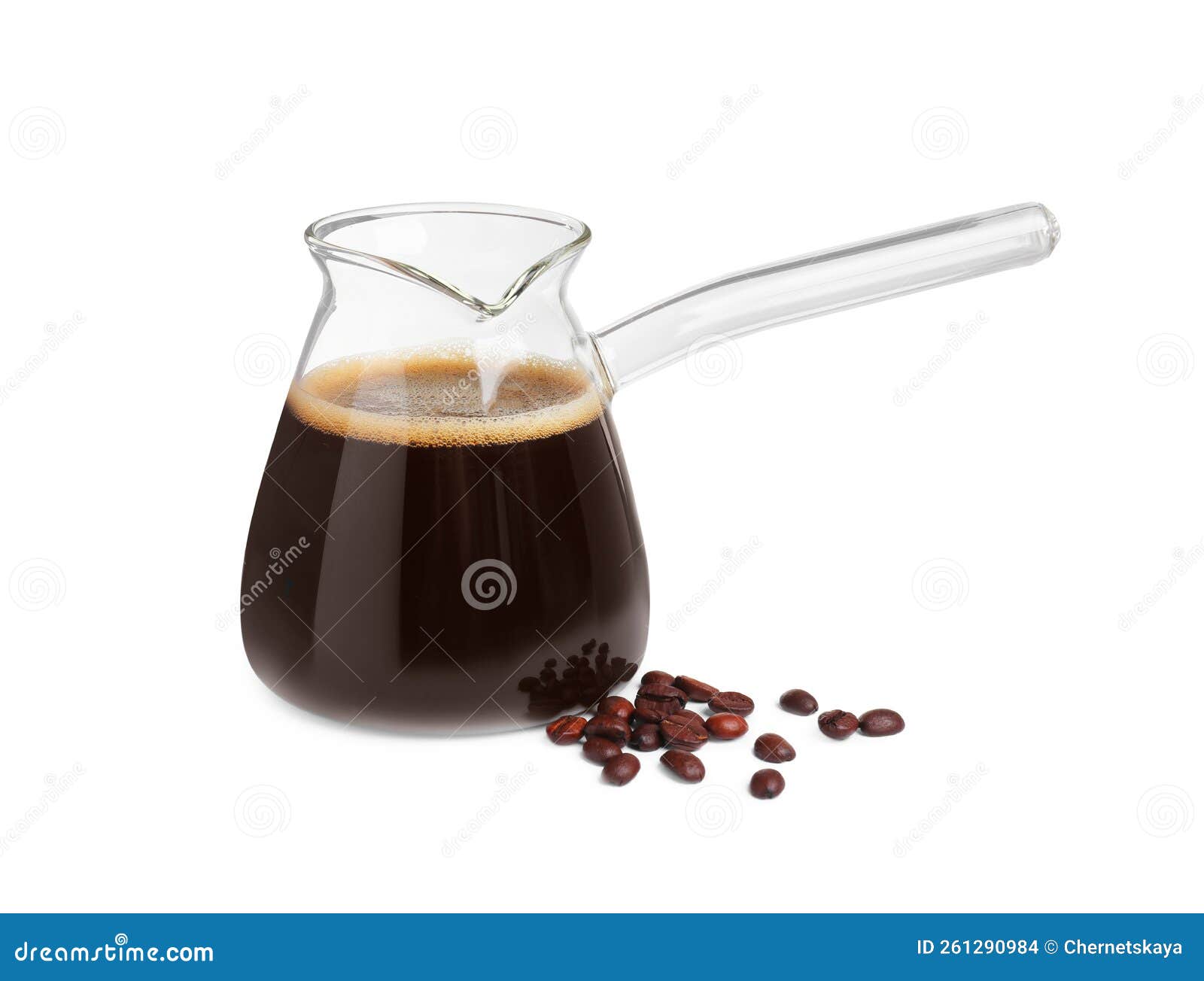 Glass Turkish Coffee Pot with Hot Drink and Beans on White Background ...