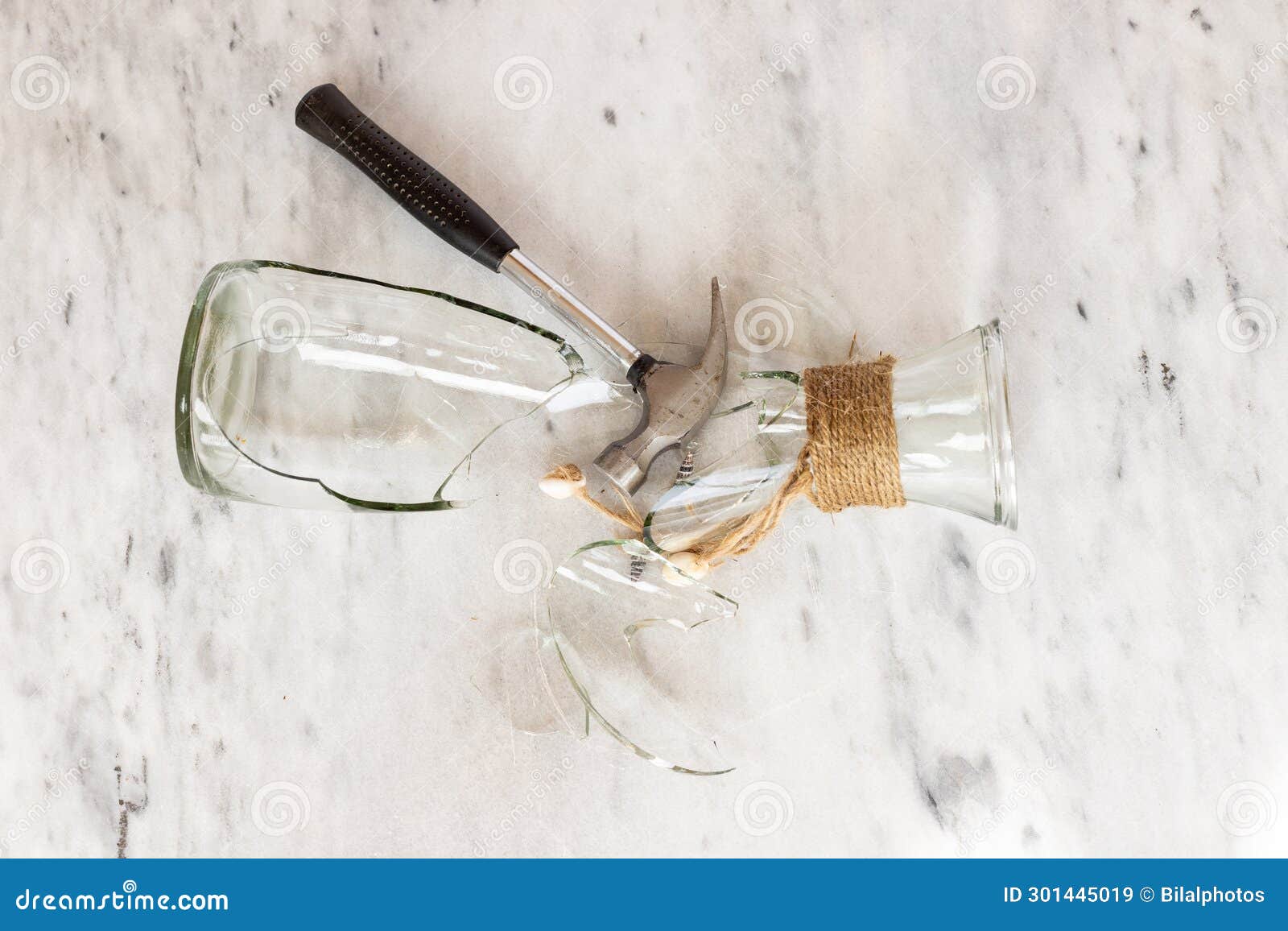 Glass Vase Crashed with Hammer on a Marble Floor Stock Image - Image of ...